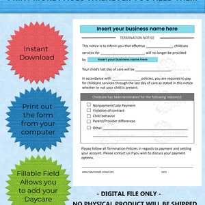 Child Care TERMINATION NOTICE Form Daycare Printable, Childcare ...