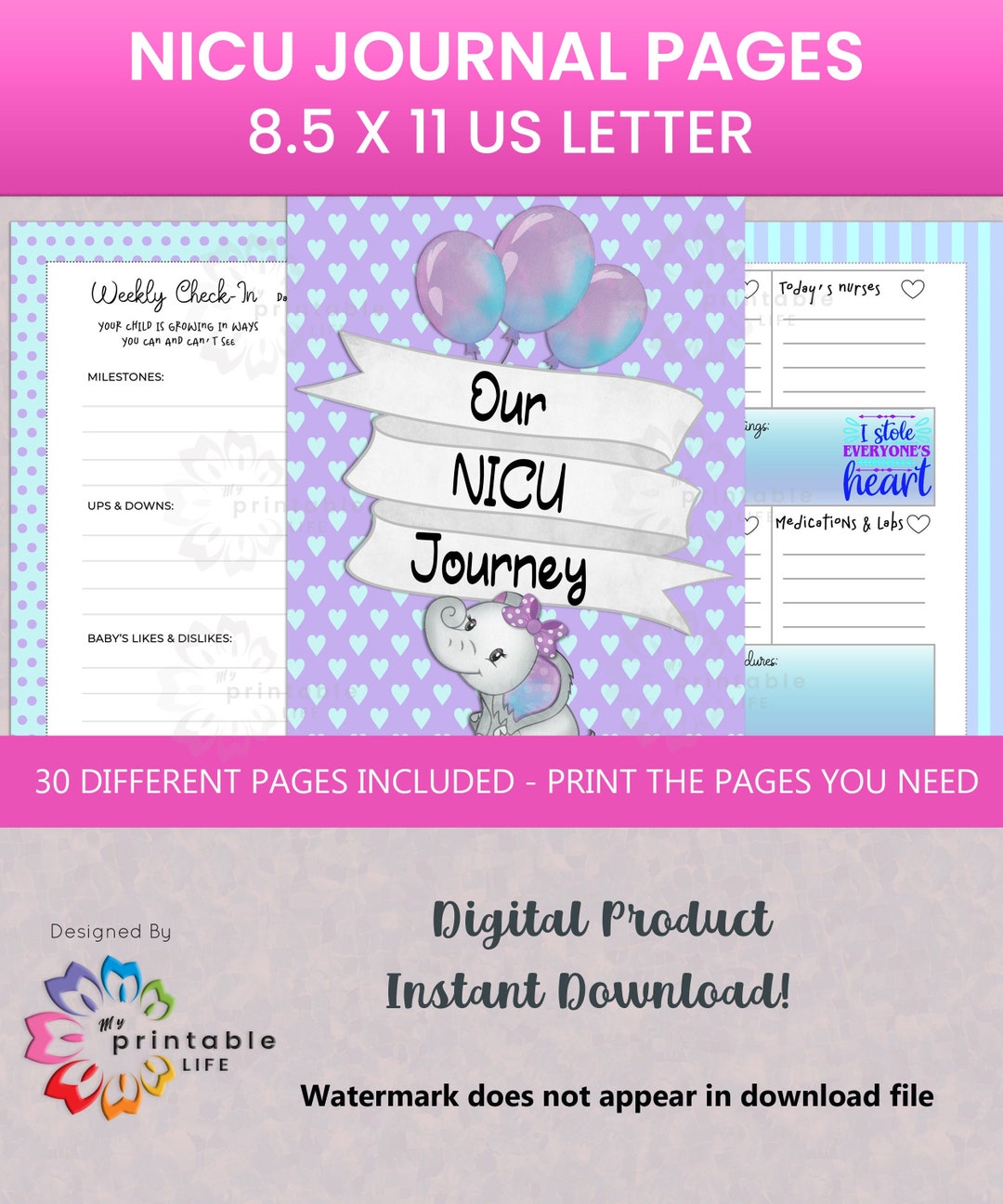NICU Baby Girl Printable Journal - Planner - NICU Baby Book - Pages ...