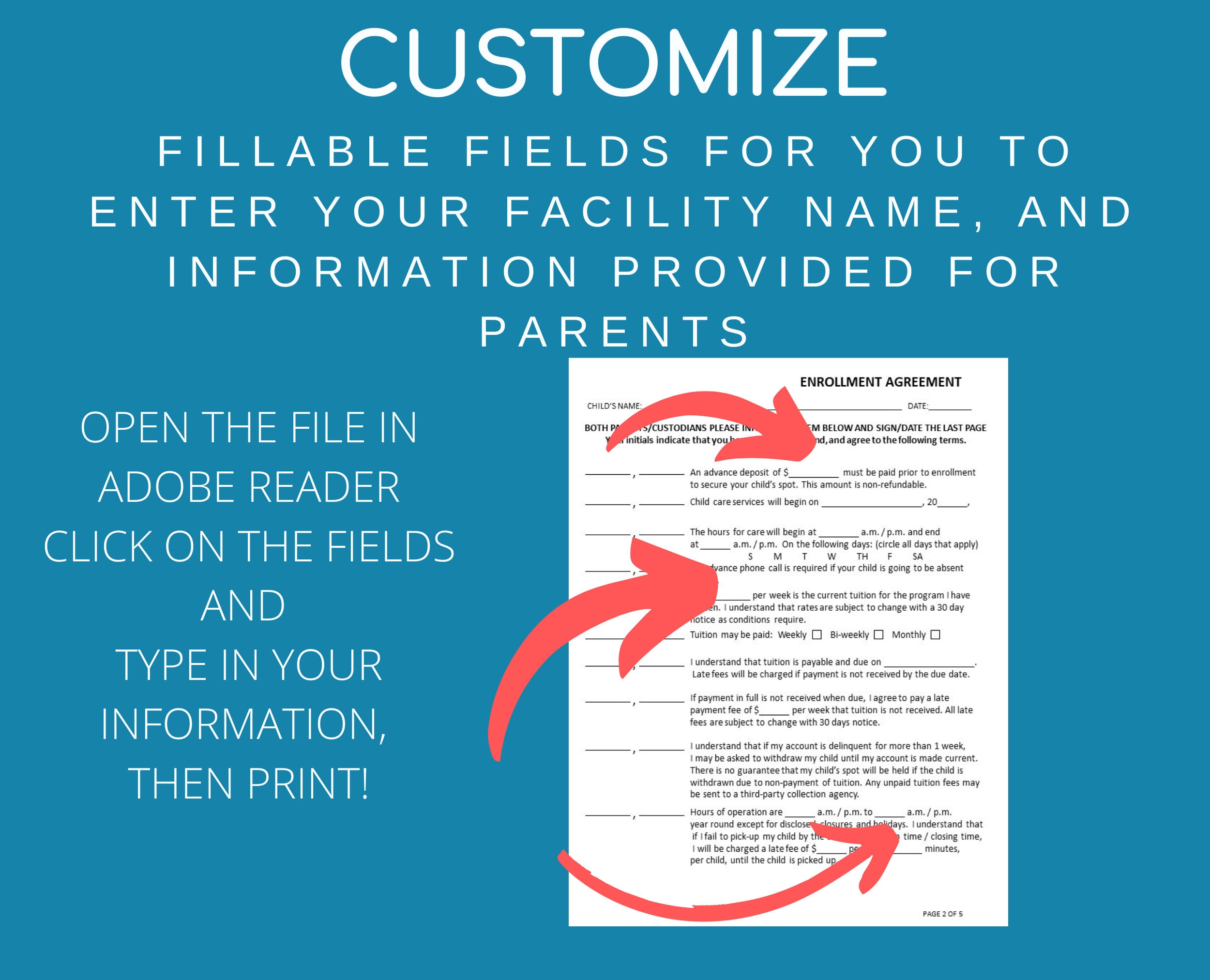 DAYCARE ENROLLMENT AGREEMENT Form, Fillable Child Care Contract - Etsy