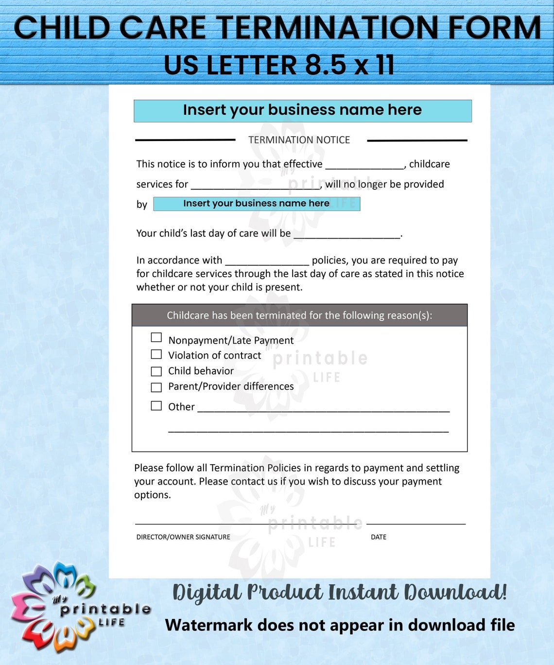 Child Care TERMINATION NOTICE Form Daycare Printable, Childcare ...