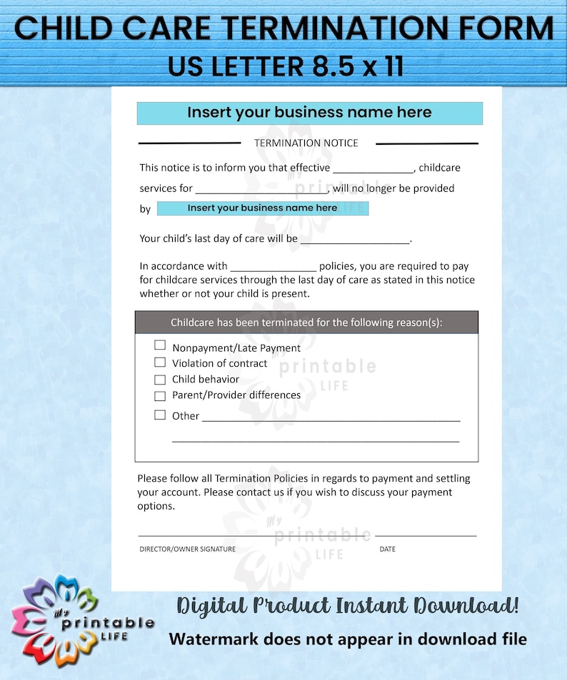 Childcare Termination Notice Form, Editable Template (digital File) - Etsy