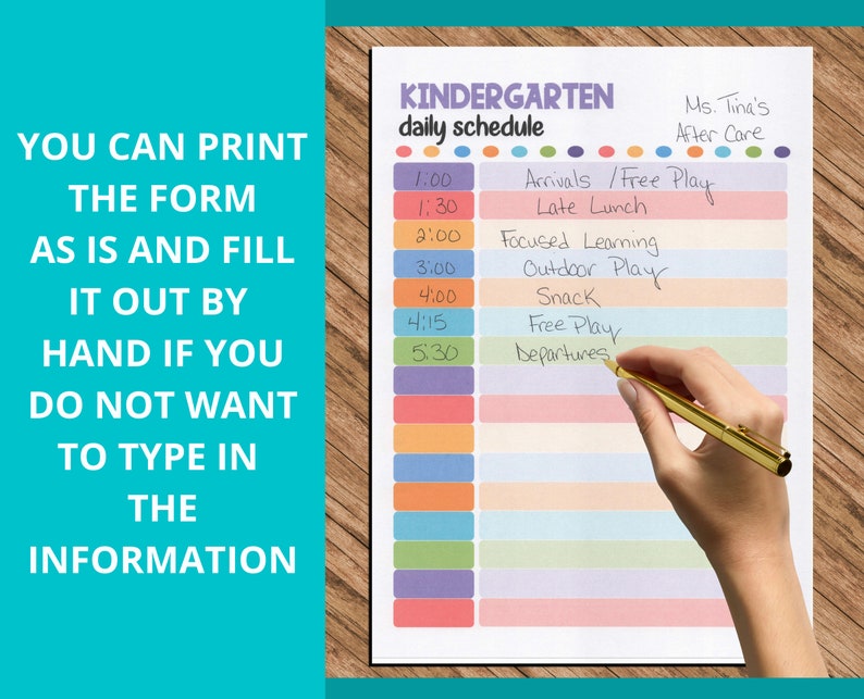 Daycare Daily Schedule for Kindergarten Printable Child Care Fillable ...