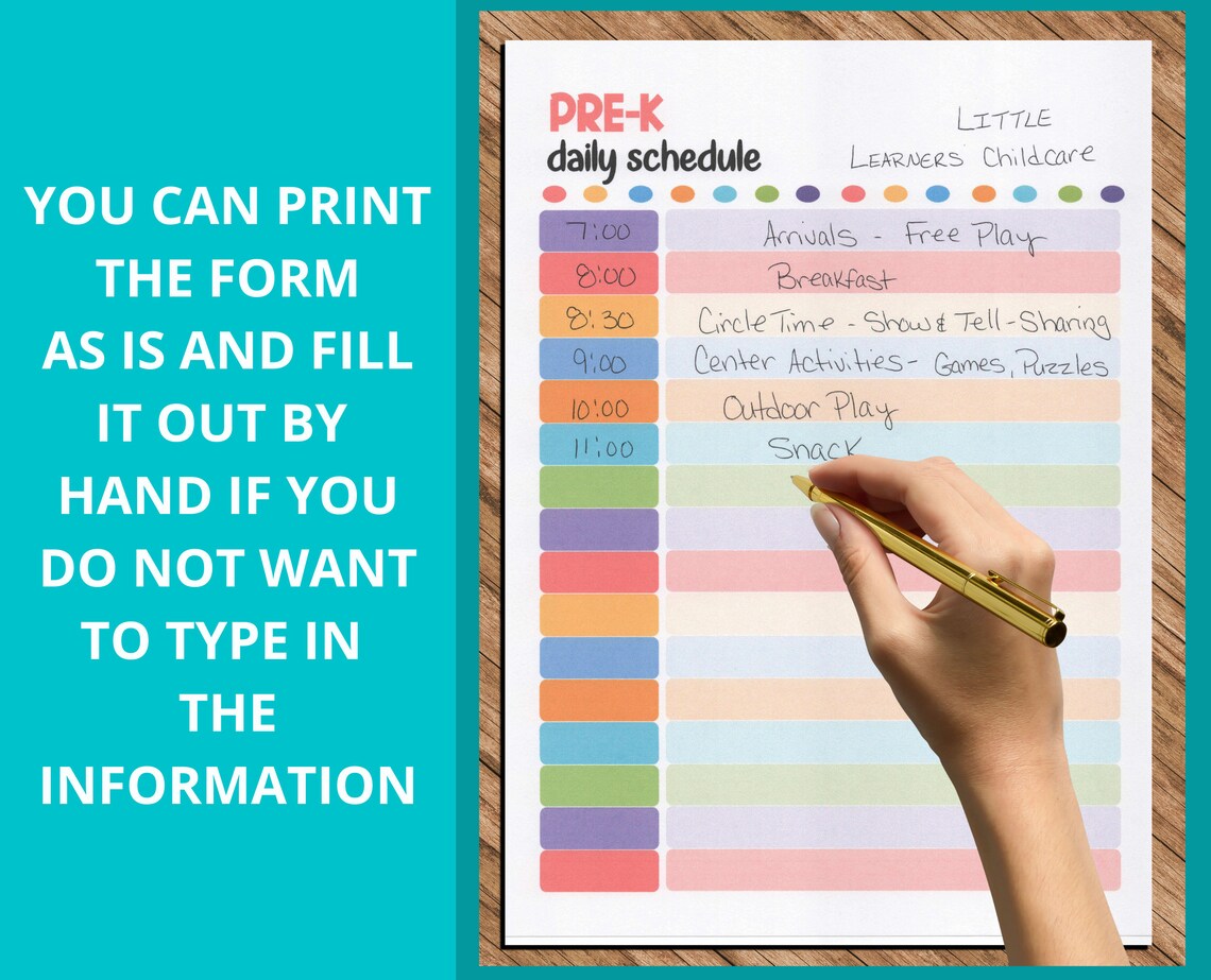 Daycare Daily Schedule for Pre-k Printable Child Care Fillable PDF - Etsy