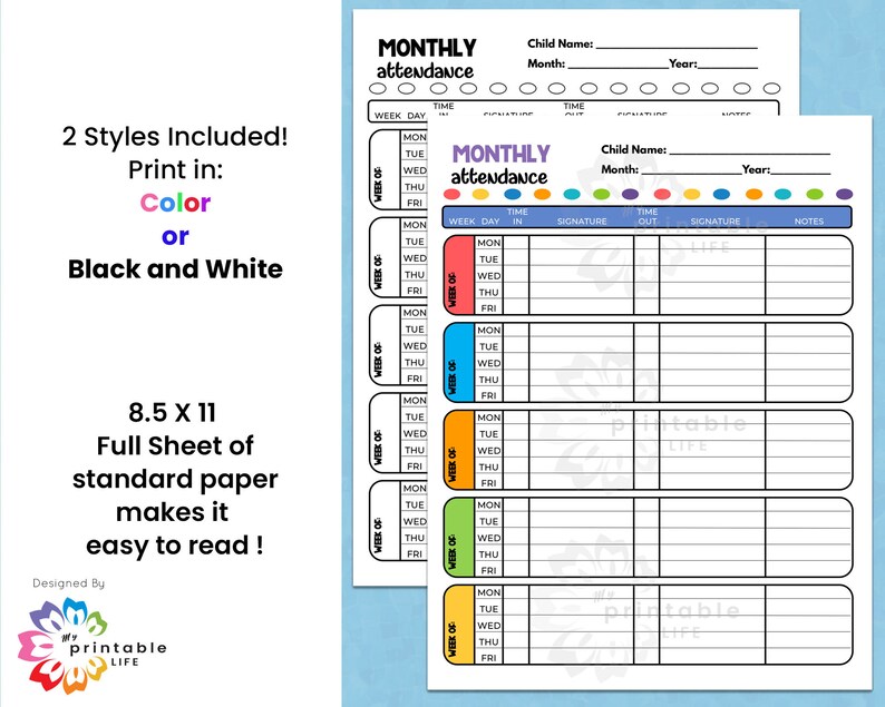 Monthly Attendance Form Sign-in Sign-out Sheet Event Printable ...