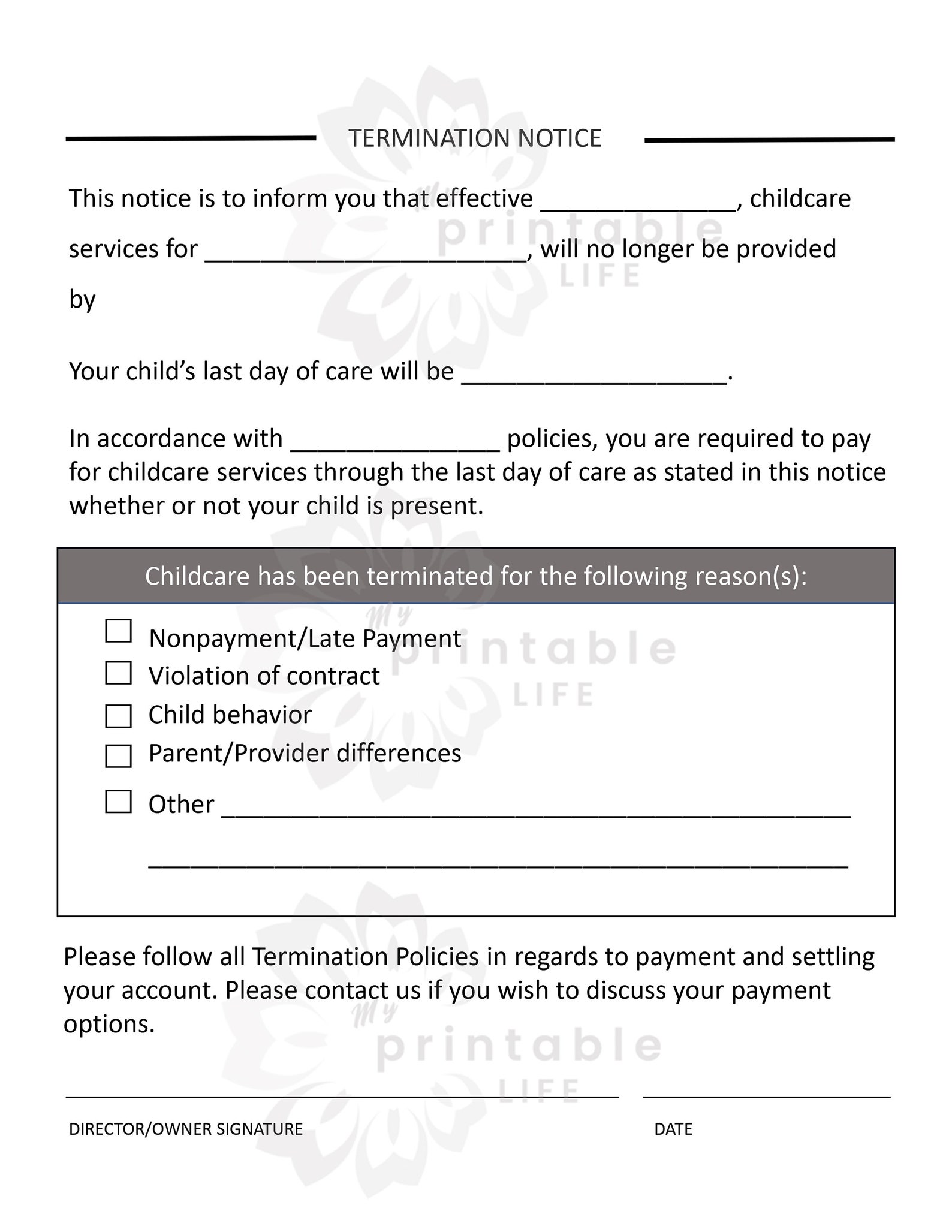 Child Care TERMINATION NOTICE Form Daycare Printable, Childcare ...