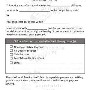 Child Care TERMINATION NOTICE Form Daycare Printable, Childcare ...
