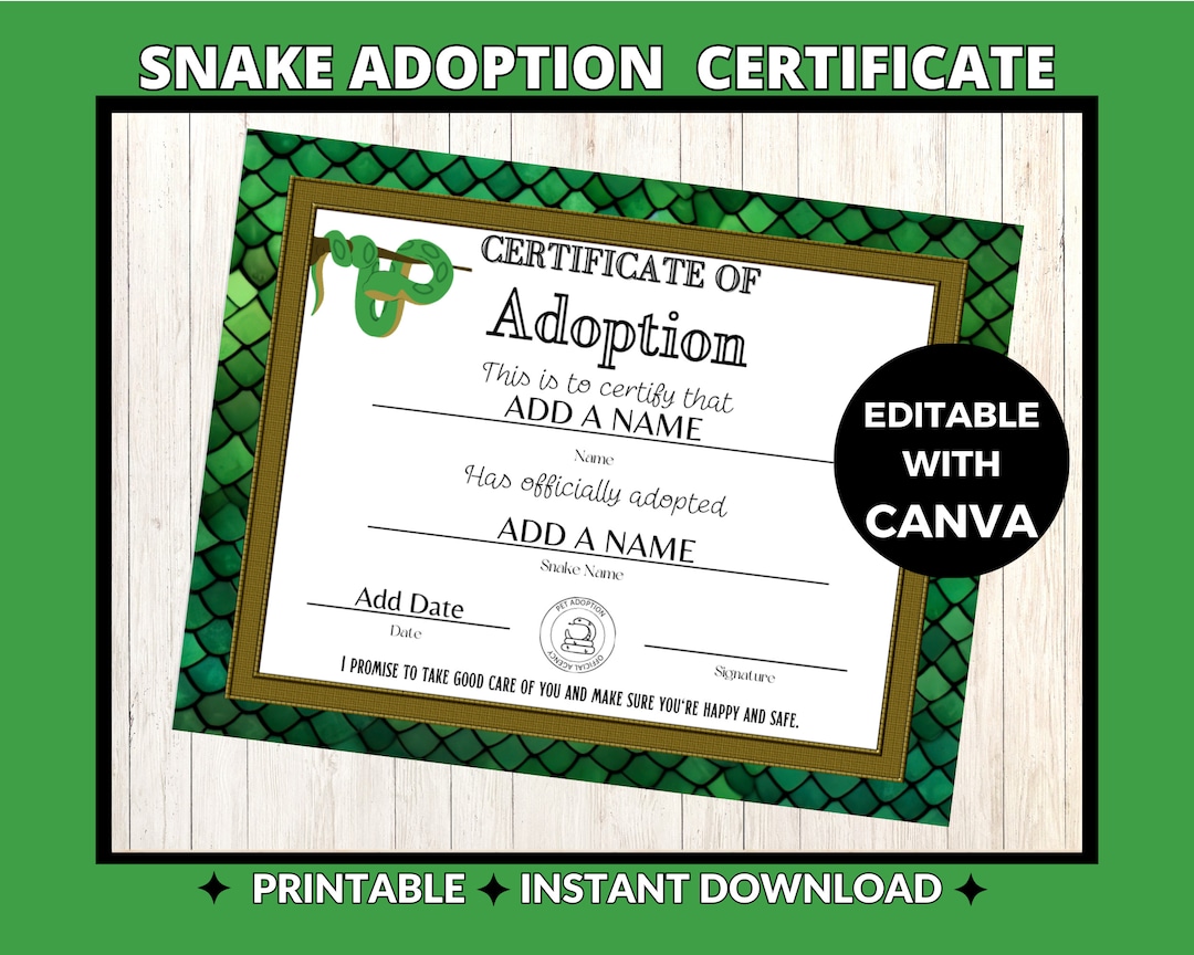 Snake Adoption Certificate | Editable Canva Template | Printable ...
