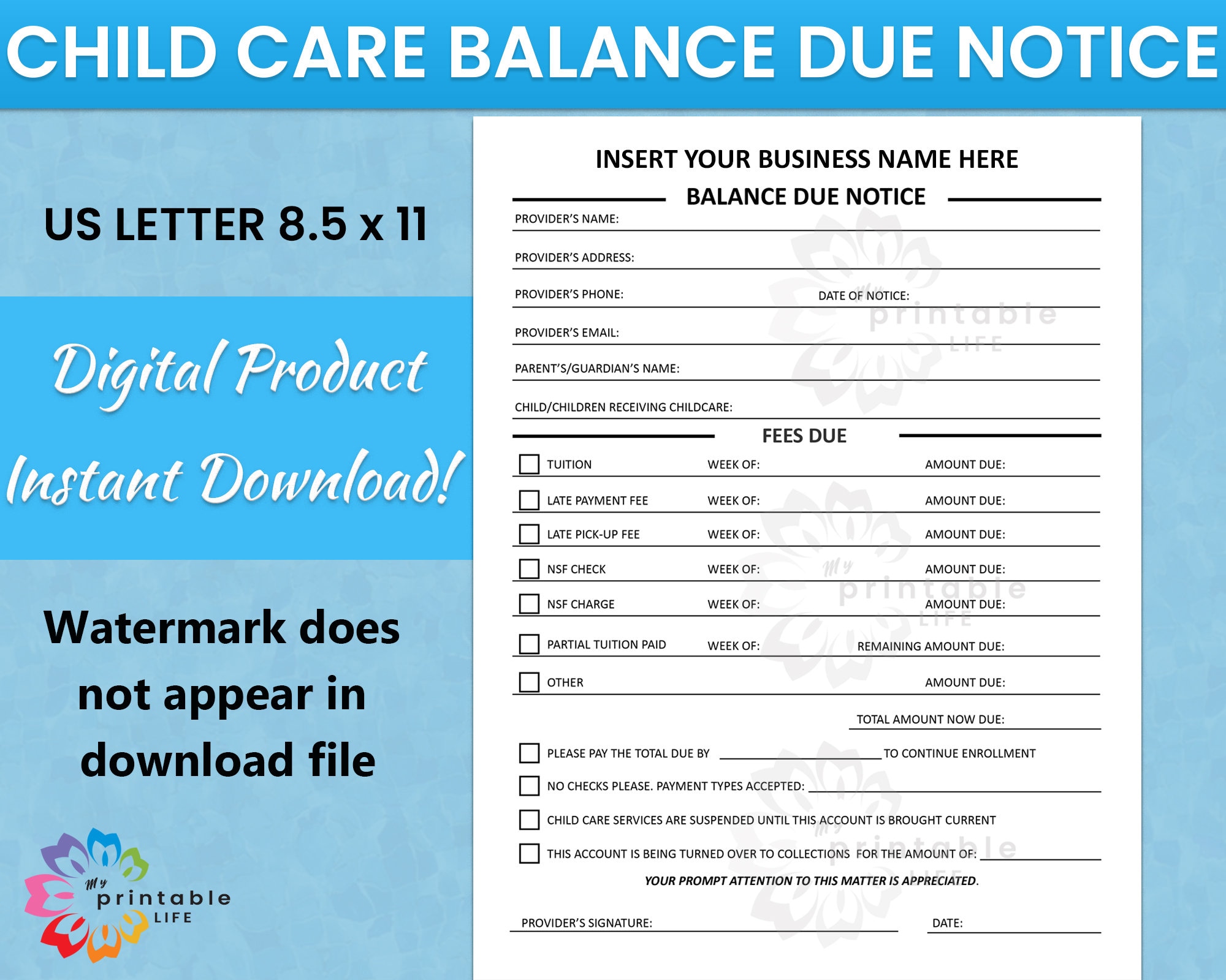 BALANCE DUE NOTICE Form Daycare or Child Care Printable, Childcare ...