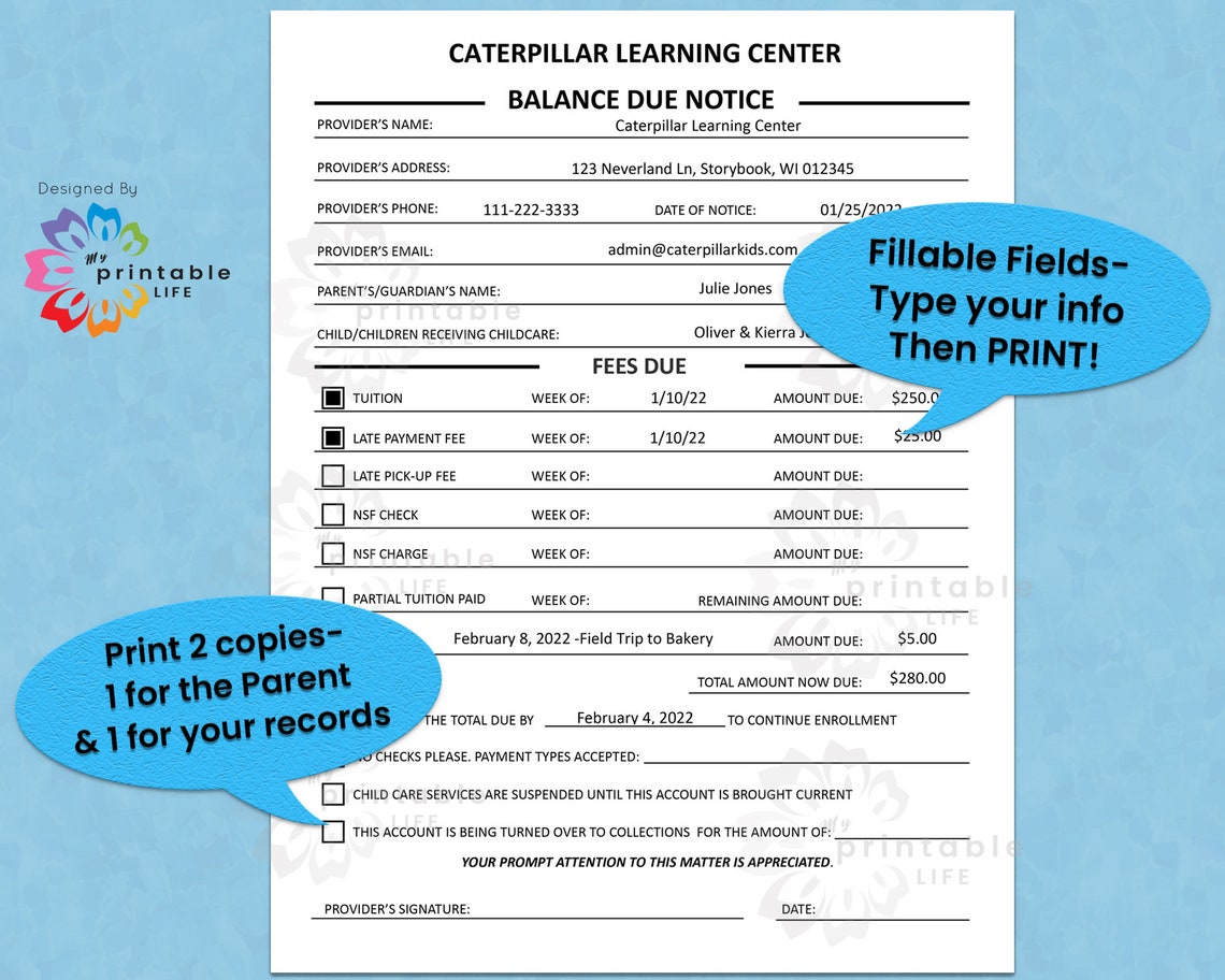 BALANCE DUE NOTICE Form Daycare or Child Care Printable, Childcare ...