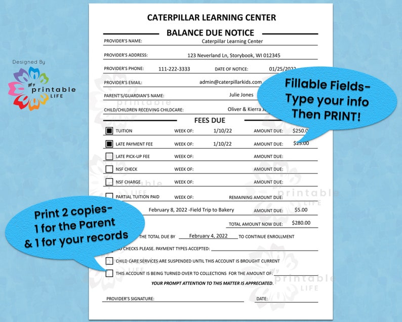 BALANCE DUE NOTICE Form Daycare or Child Care Printable, Childcare ...