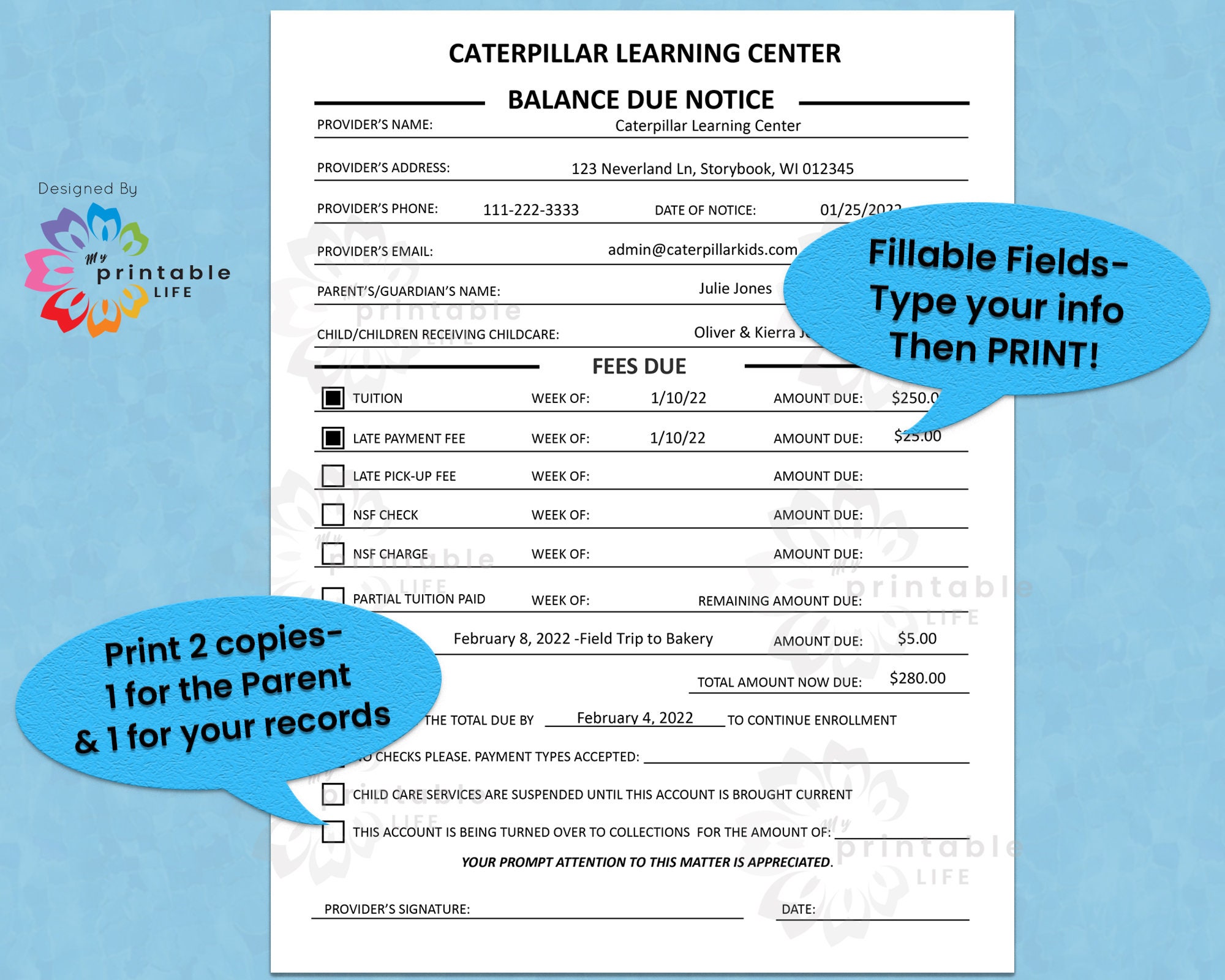 BALANCE DUE NOTICE Form Daycare or Child Care Printable, Childcare ...
