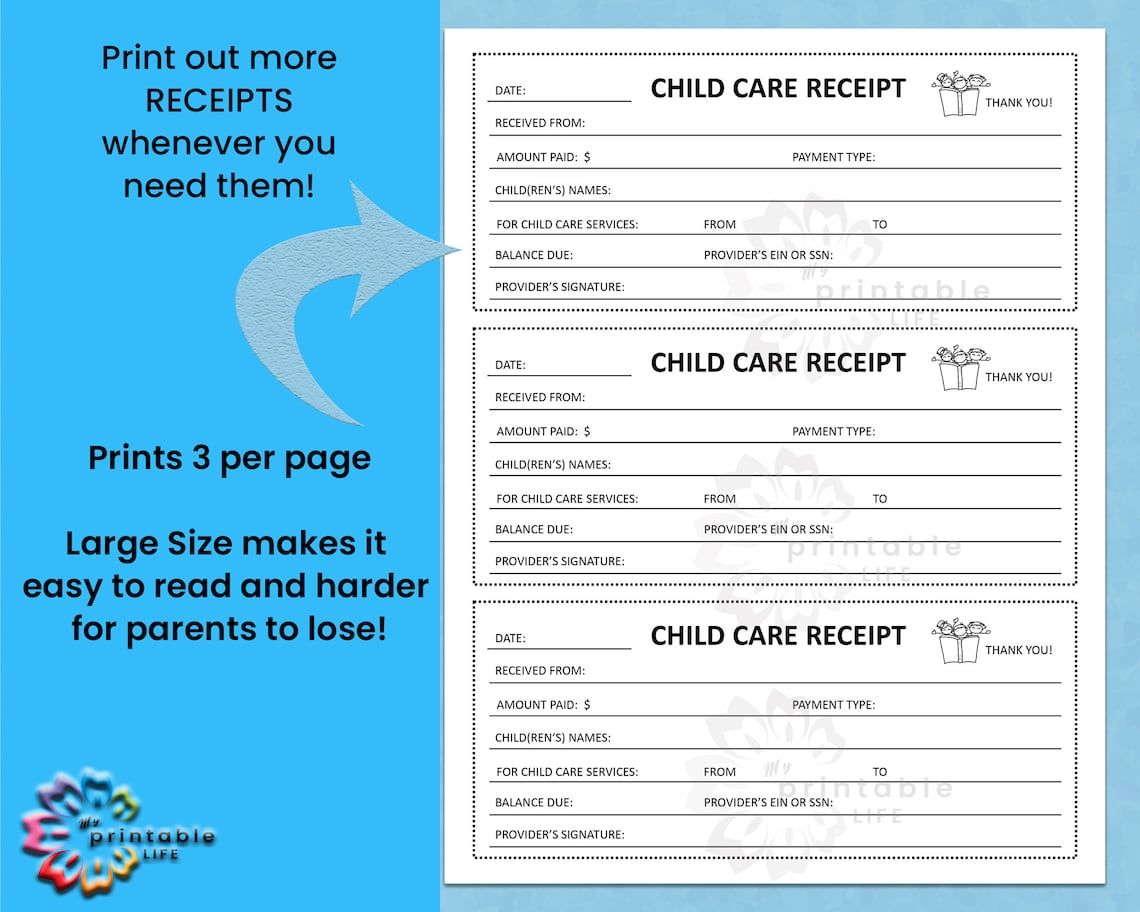 Child Care Receipt Form Daycare Printable, Childcare Payments, Instant ...