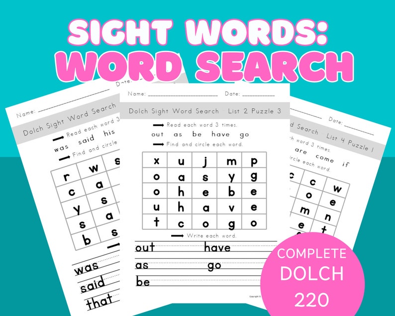 Sight Words Word Search Puzzle Worksheets | 220 Dolch Words | 44 ...