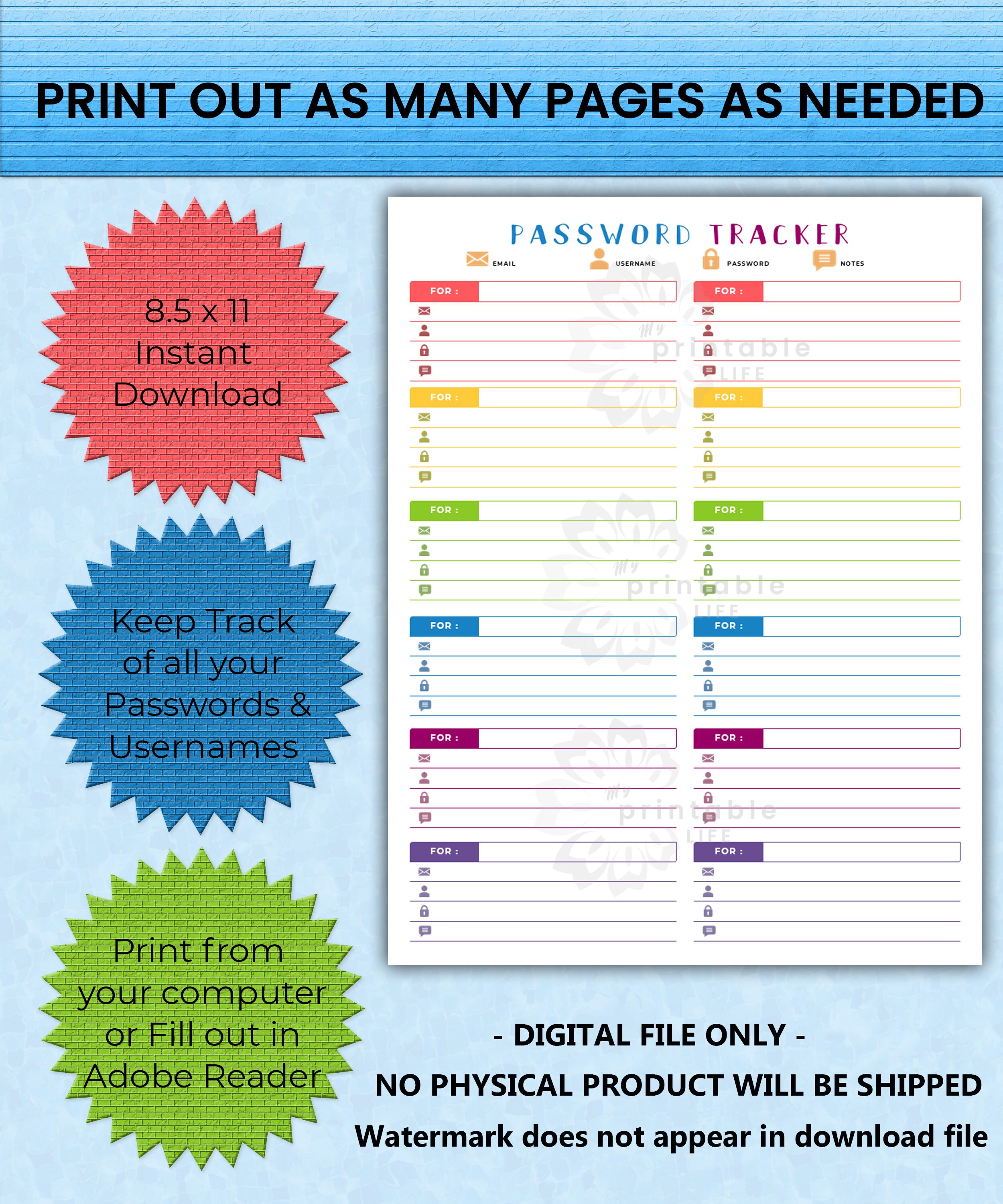 Password Tracker Log, Fillable - Printable PDF - Instant Download ...