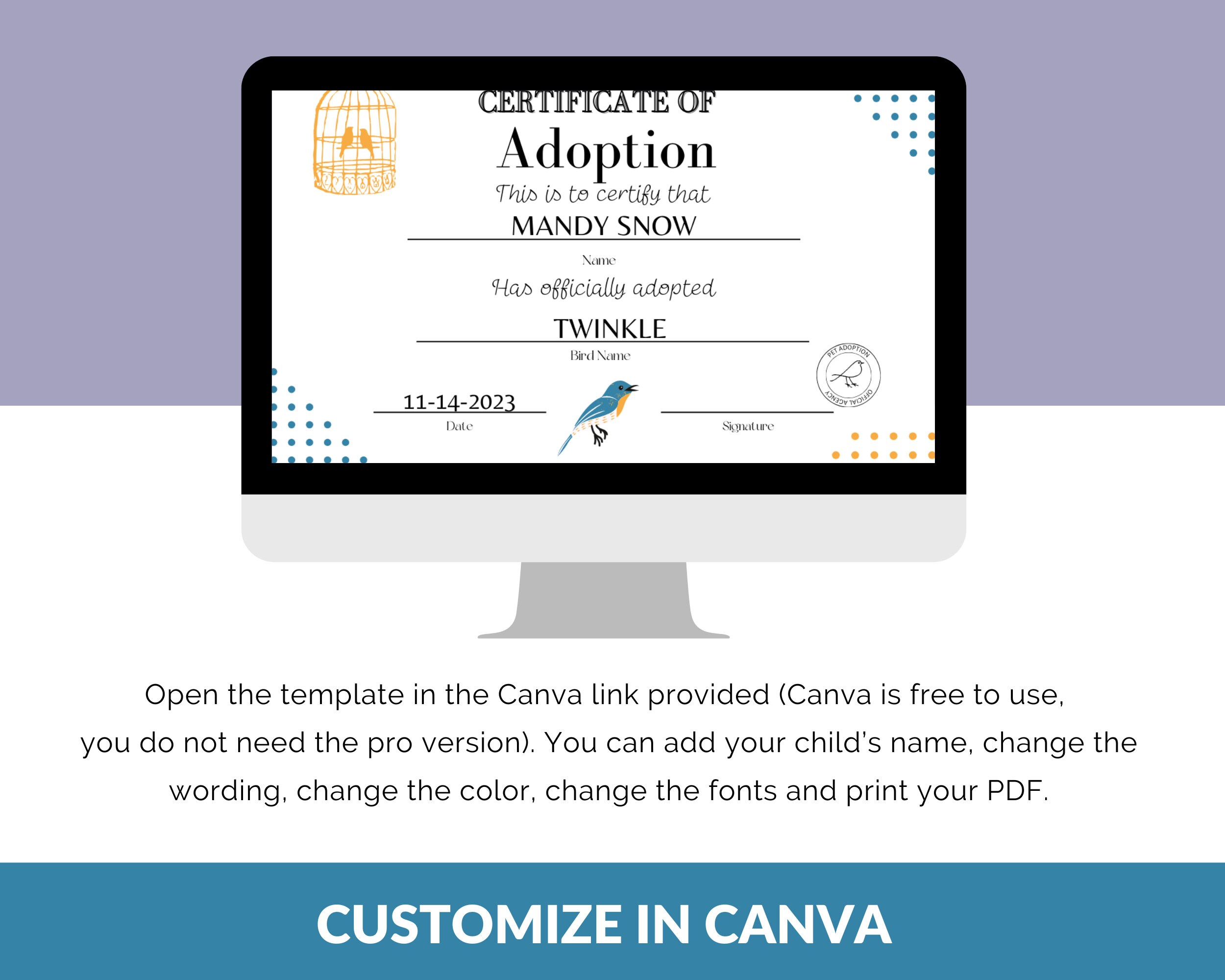 Bird Adoption Certificate | Editable Canva Template | Printable Avian ...