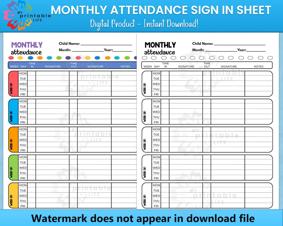 Monthly Attendance Form Sign-in Sign-out Sheet Event Printable ...