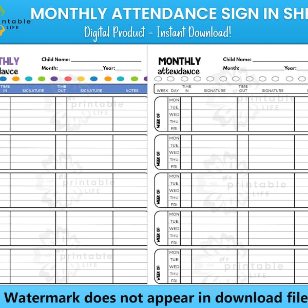 Monthly Daycare Sign in and Out Sheets - Etsy