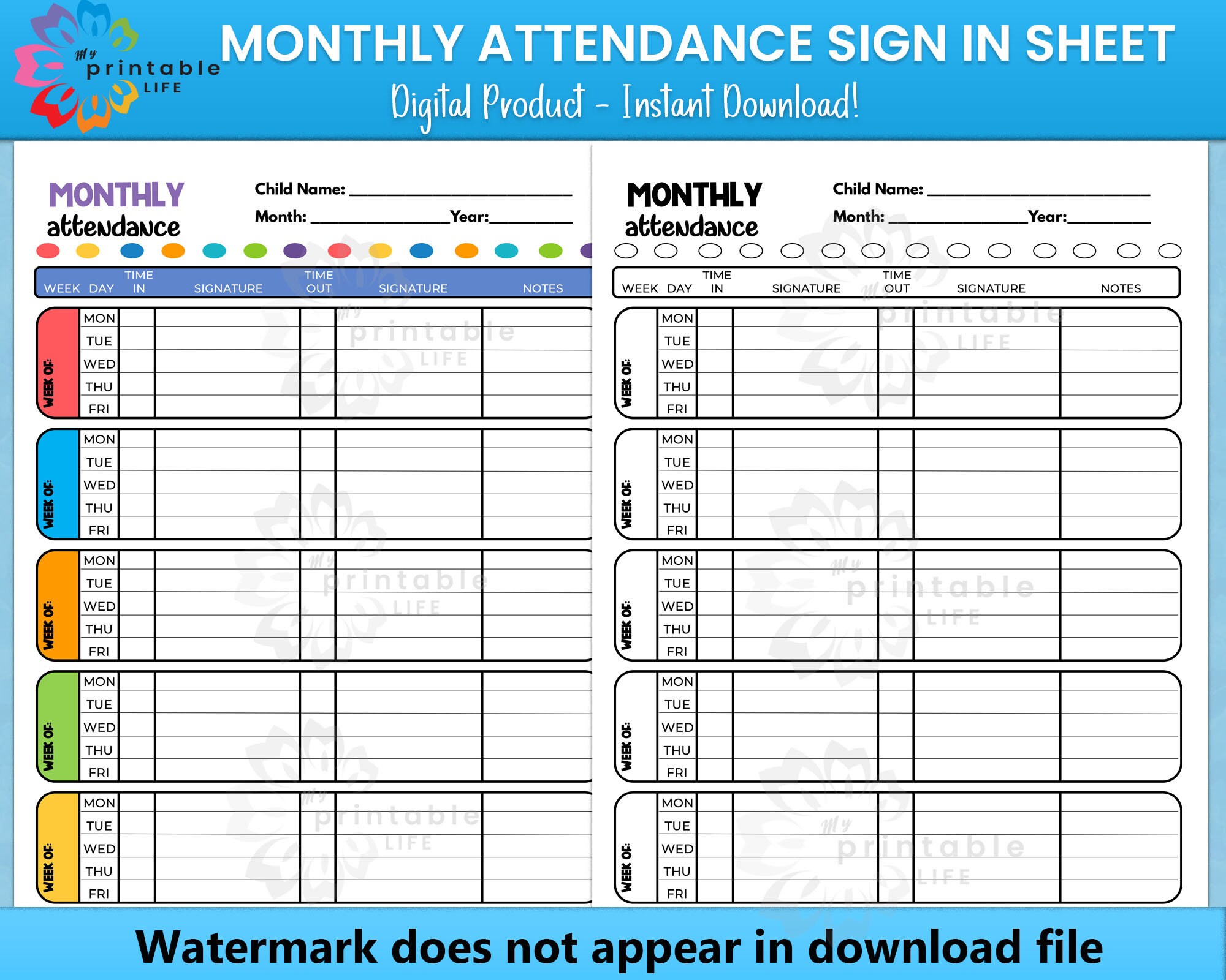 Monthly Attendance Form Sign-in Sign-out Sheet Event Printable ...