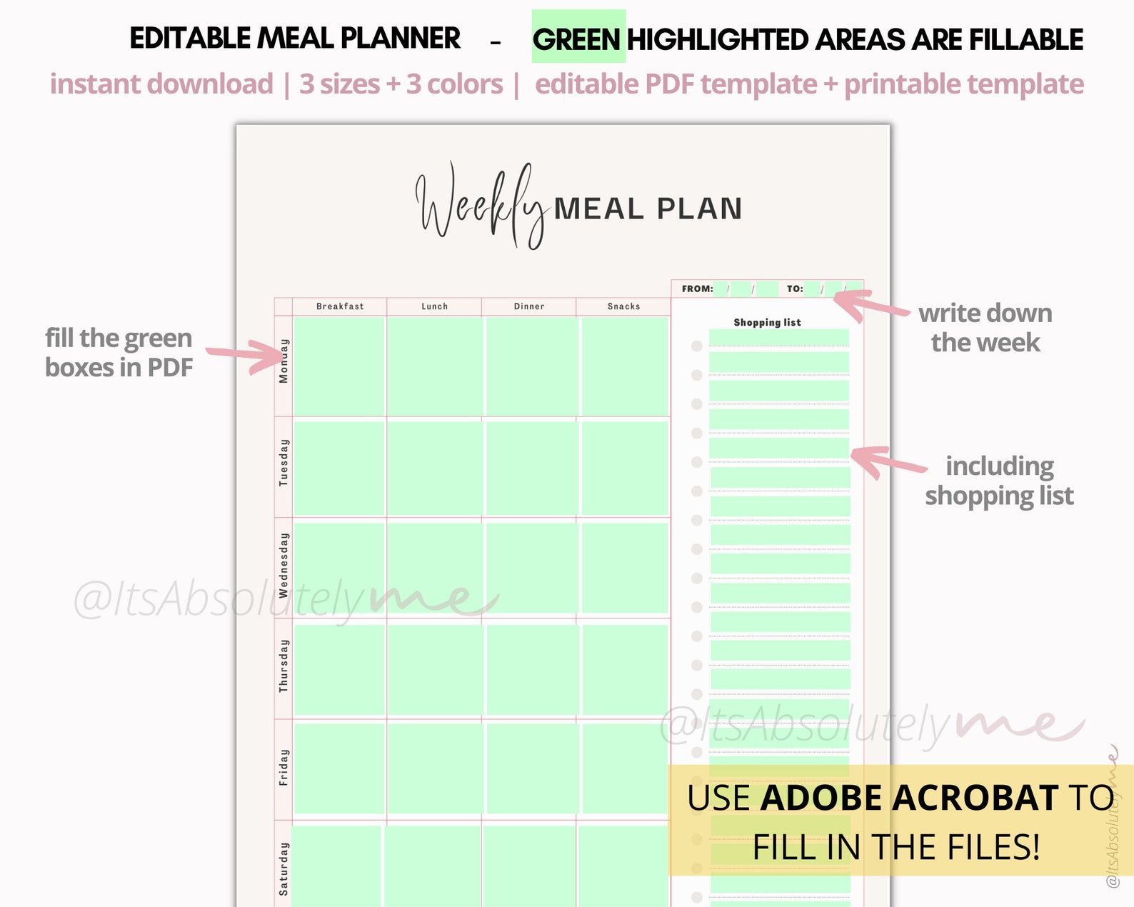 Weekly Meal Planner Editable, Meal Plan Template, Digital Meal Planner ...