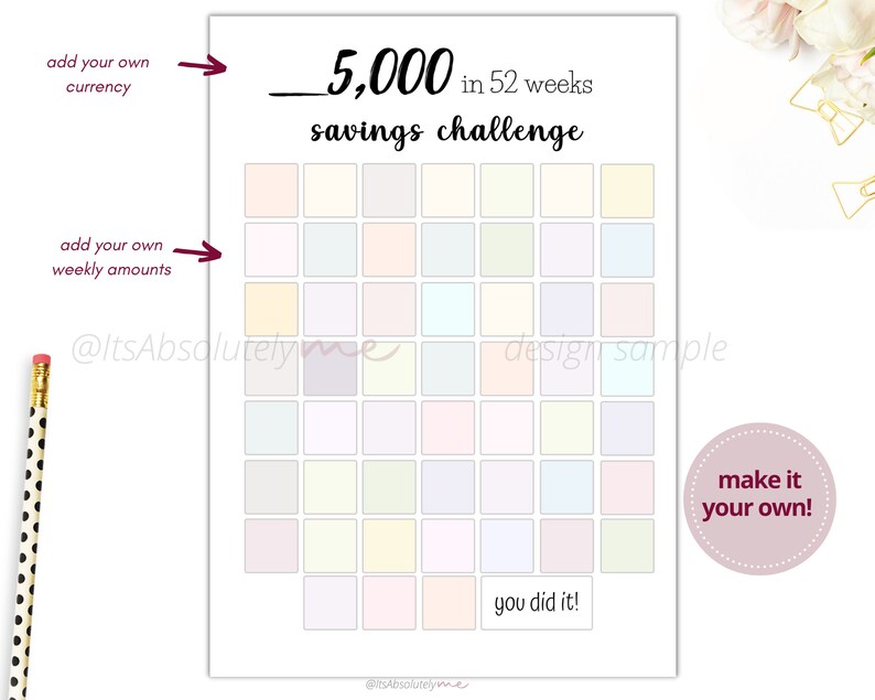 Savings Challenge, Savings Tracker, 5K Saving, 5,000 Monthly Savings Challenge, 5K in 52 Week ...