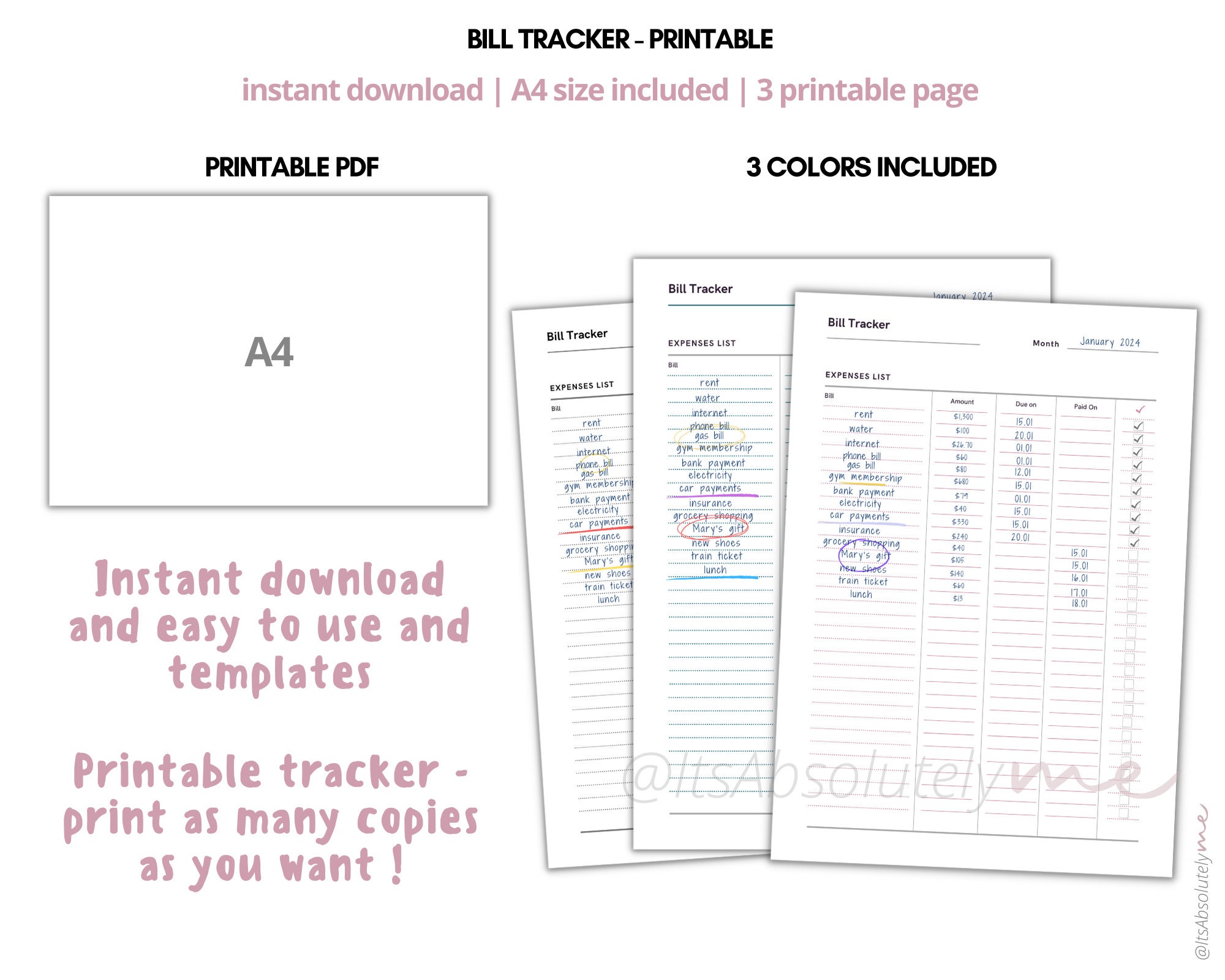 Bill Tracker, Bill Tracker Printable, Monthly Expense Tracker, Monthly ...