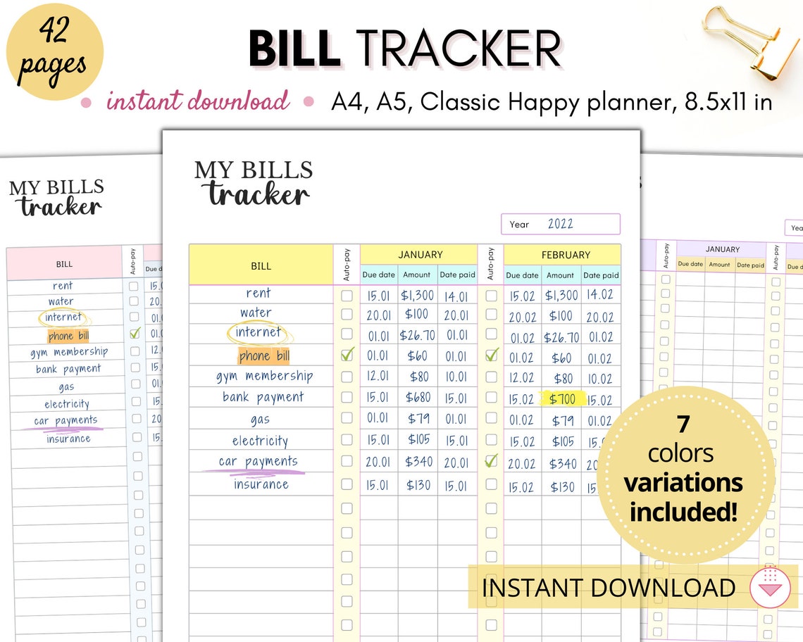 Bill Tracker Printable Monthly Bill Tracker Bill Tracker - Etsy