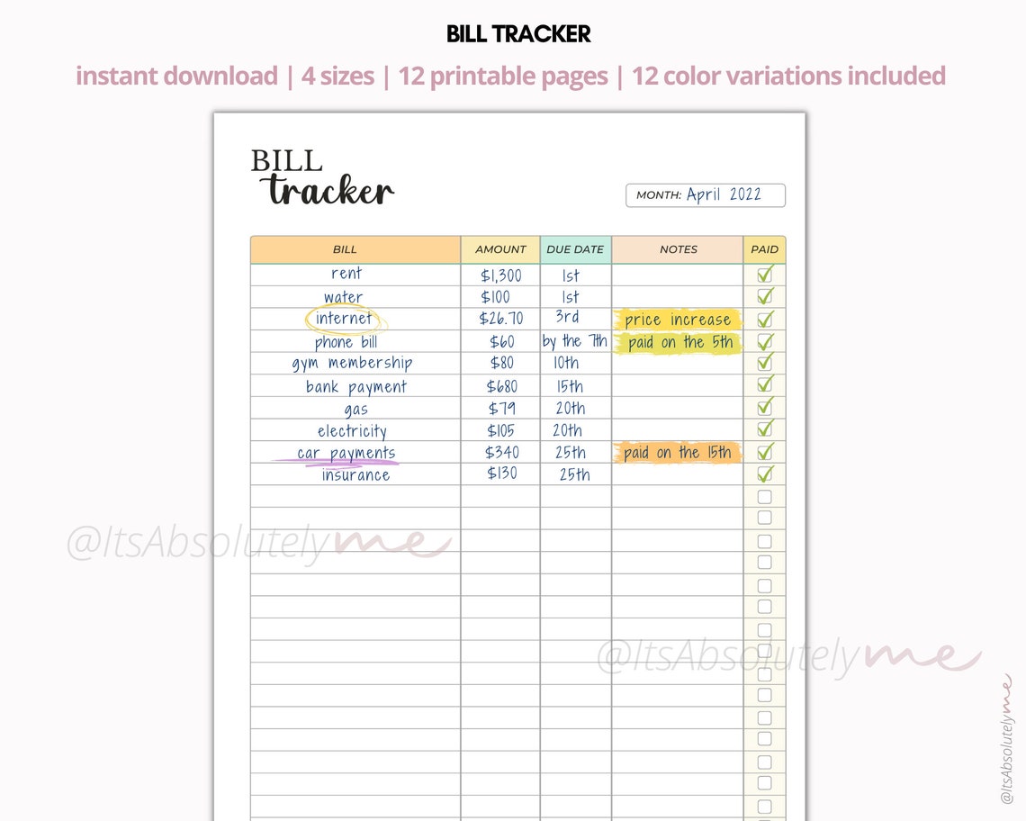 Bill Tracker, Bill Tracker Printable, Bill Checklist, Bill Organizer ...