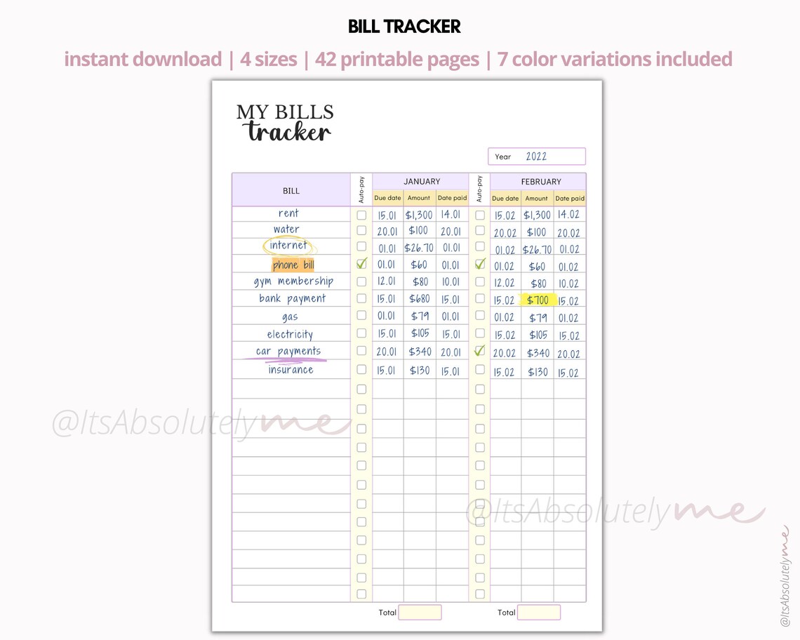 Bill Tracker Printable Monthly Bill Tracker Bill Tracker - Etsy