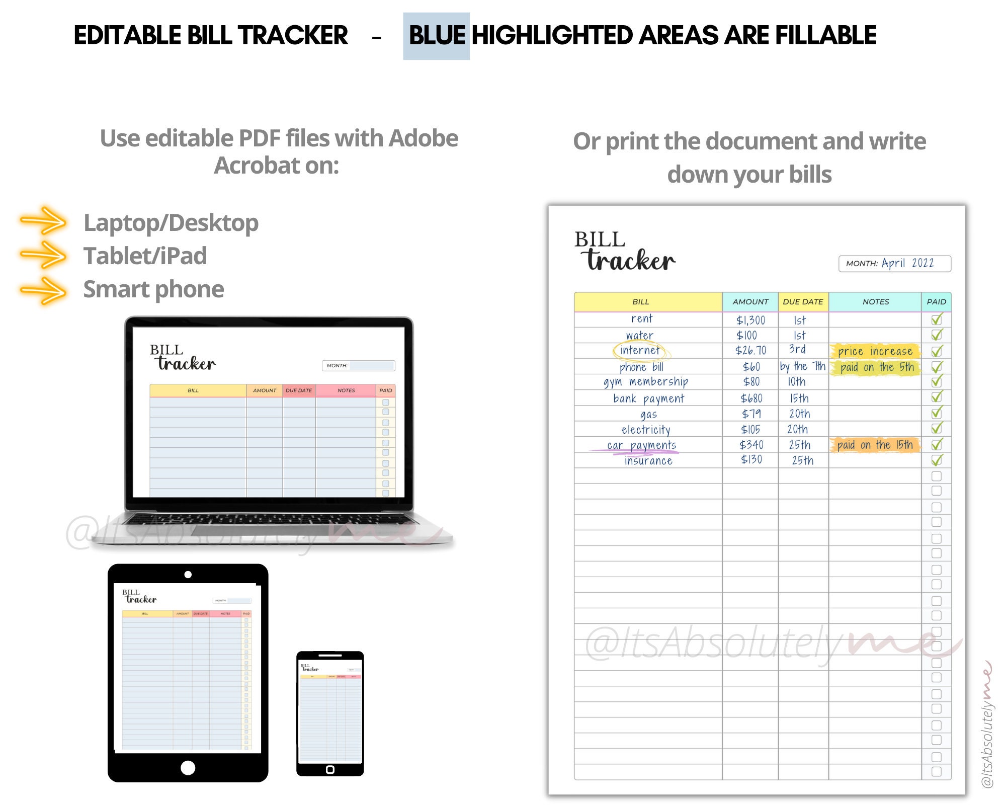 Editable Bill Tracker, Monthly Bill Tracker, Bill Organizer With ...