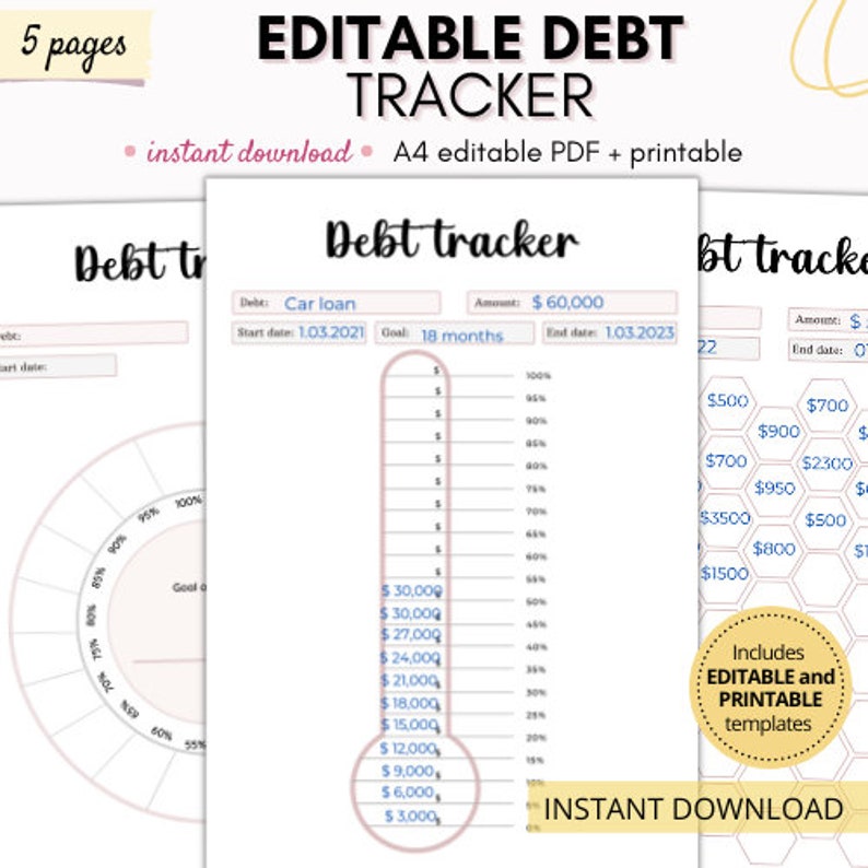 Editable Debt Tracker, Debt Snowball, Debt Thermometer, Debt Payoff ...