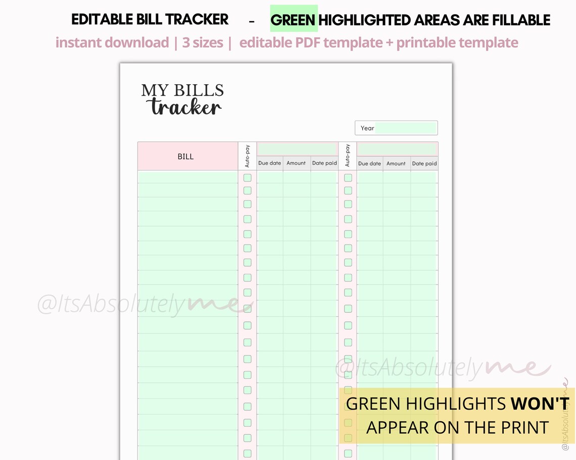 Editable Bill Tracker, Bill Tracker Printable, Monthly Bill Tracker ...