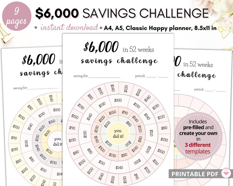 6K Savings Challenge, Savings Tracker, 6,000 Monthly Savings Challenge ...
