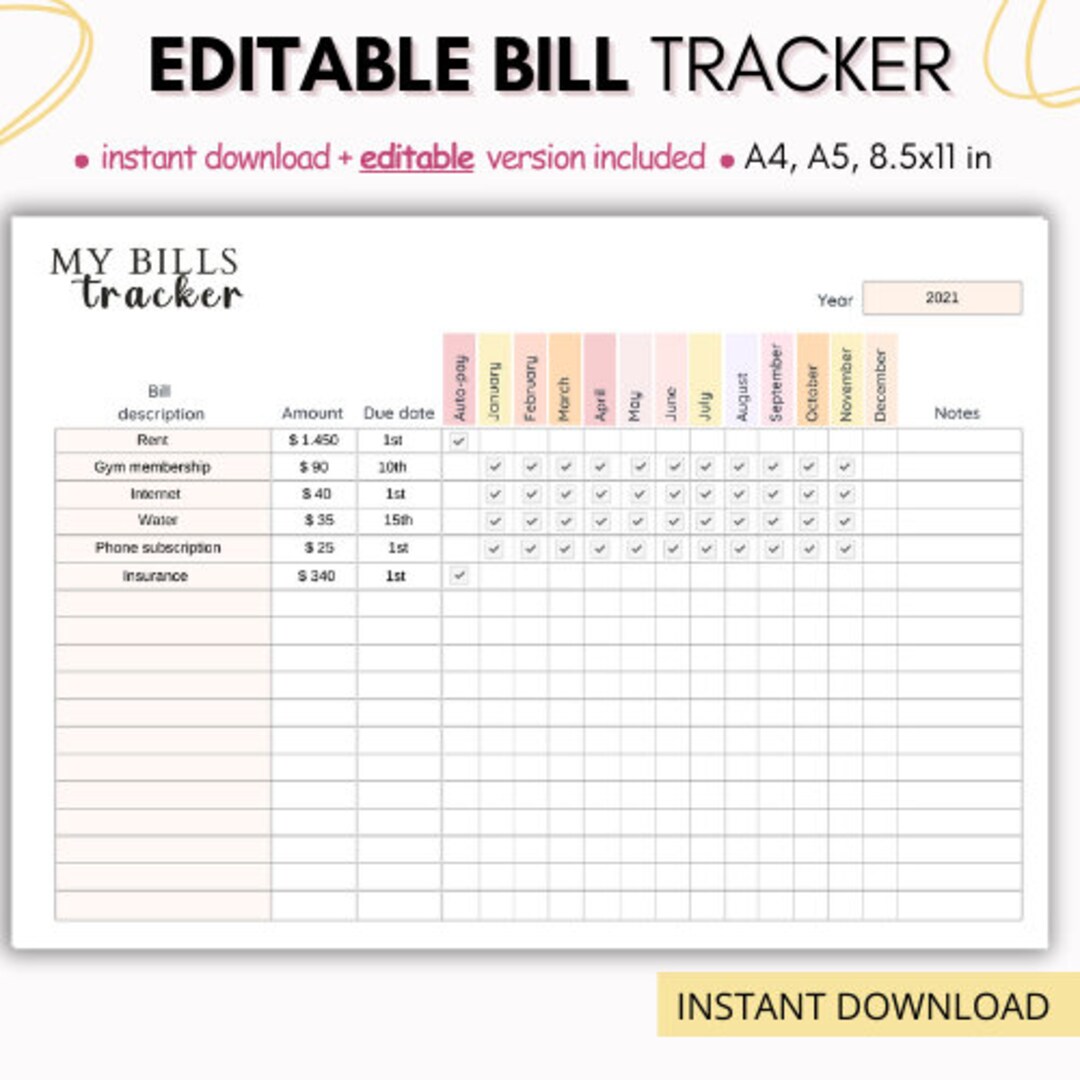Bill Tracker Editable, Bill Tracker Printable, Monthly Bill Tracker ...