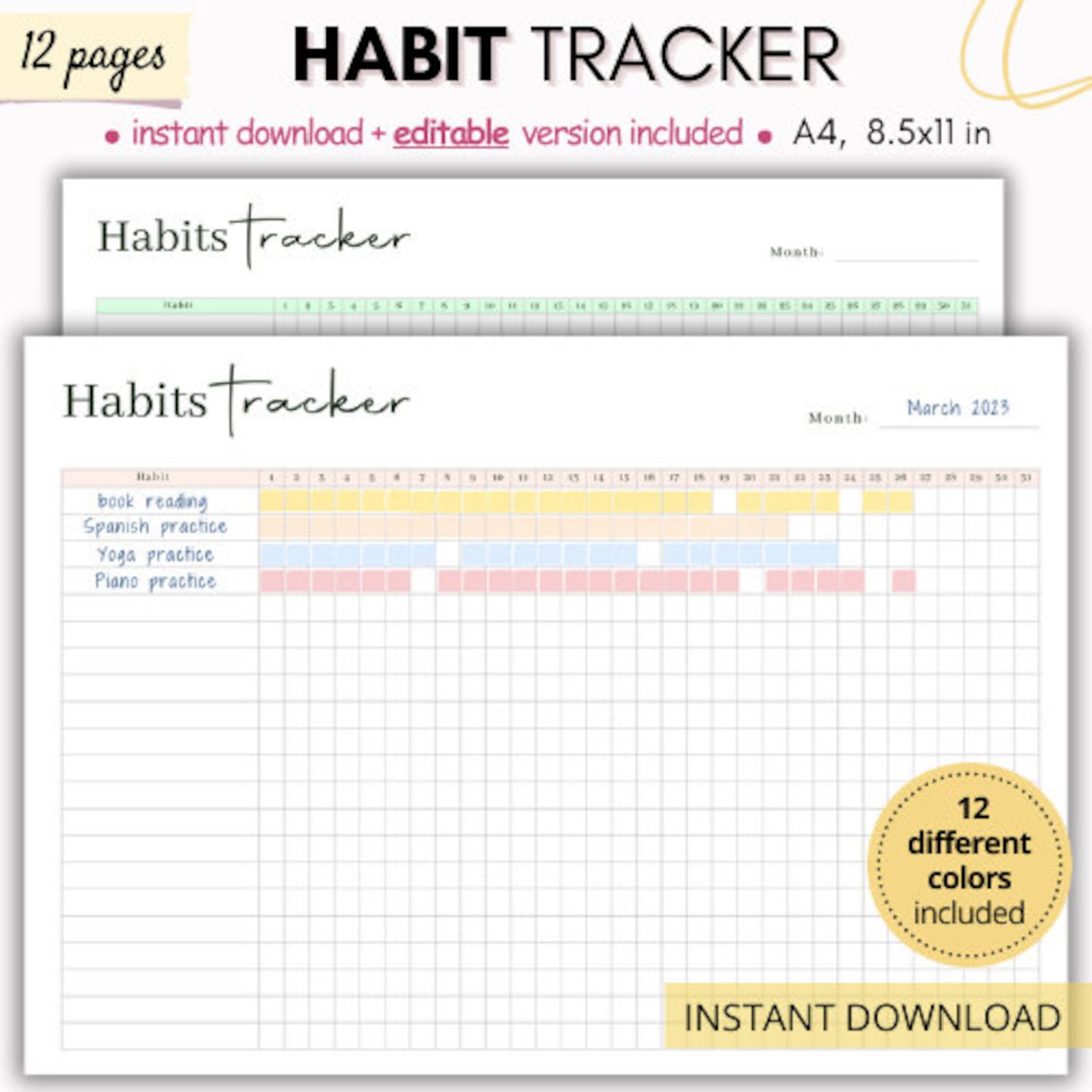 Monthly Habit Tracker Printable & Editable, Habit Tracker Template ...
