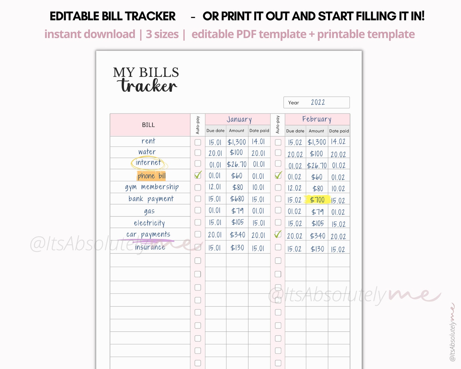 Editable Bill Tracker, Bill Tracker Printable, Monthly Bill Tracker ...
