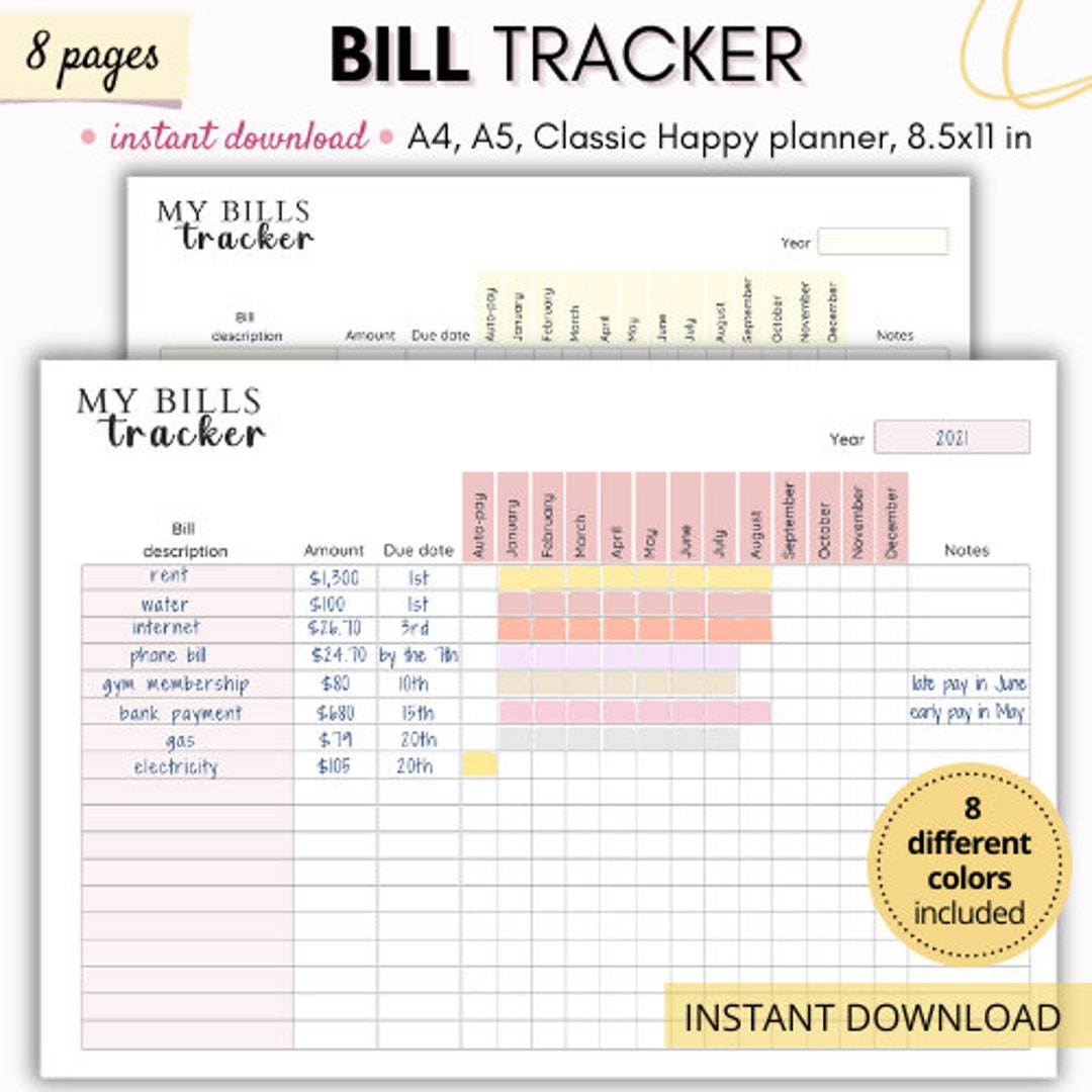 Bill Tracker, Bill Organizer, Monthly Bill Tracker, Bill Checklist ...