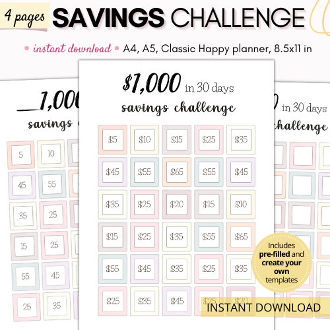 1,000 Savings Challenge, Savings Tracker, 1,000 Monthly Savings ...