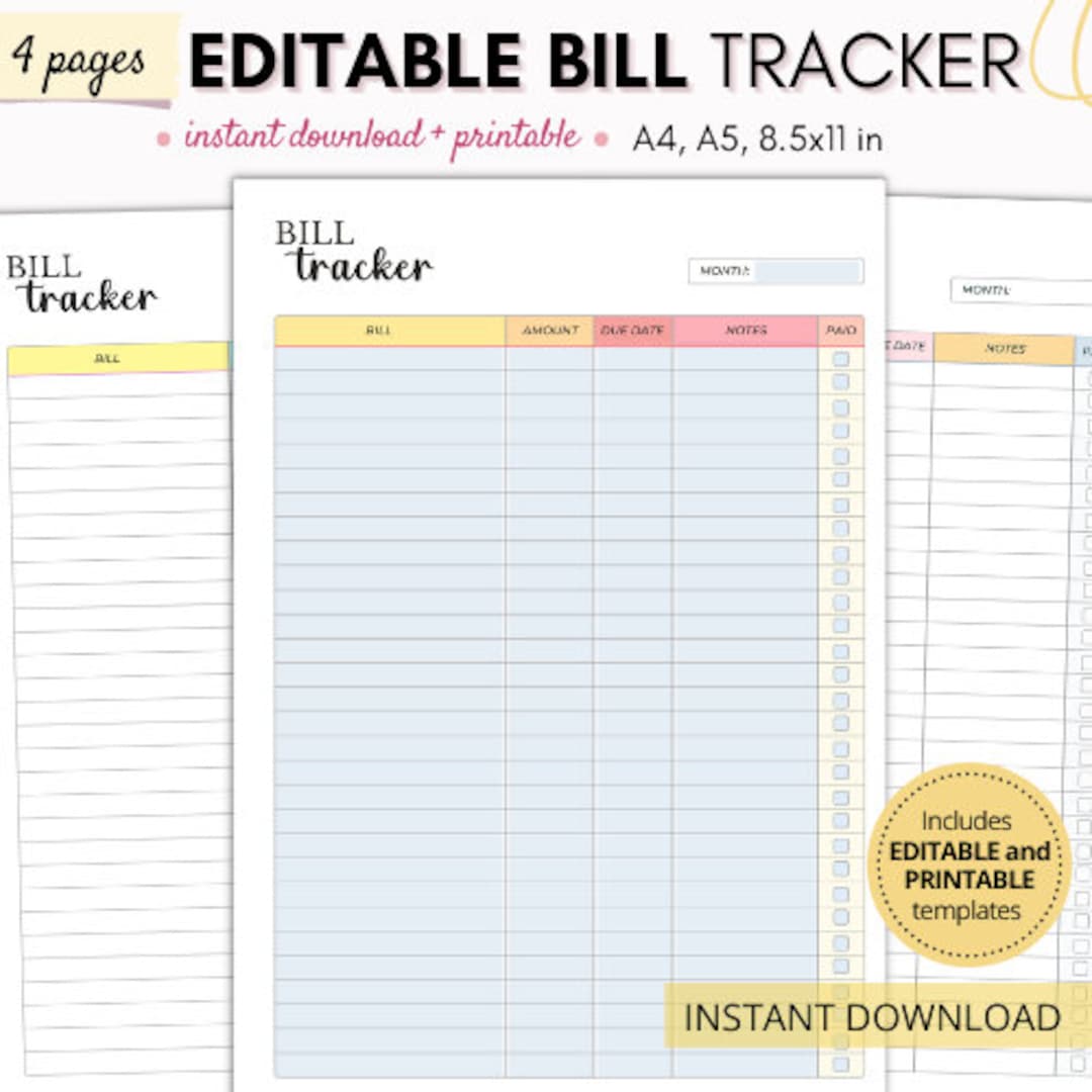 Editable Bill Tracker, Monthly Bill Tracker, Bill Organizer With ...