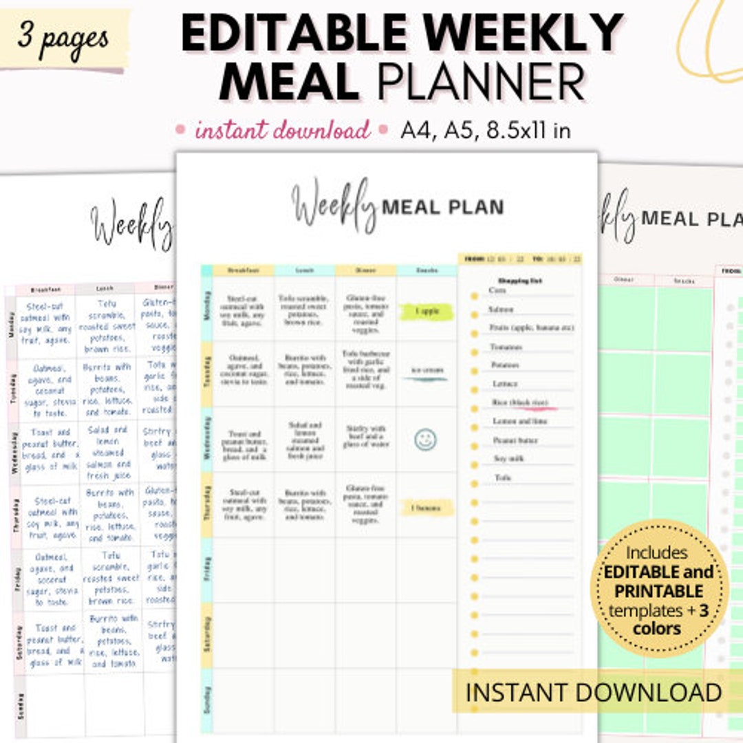 Weekly Meal Planner Editable, Meal Plan Template, Digital Meal Planner ...