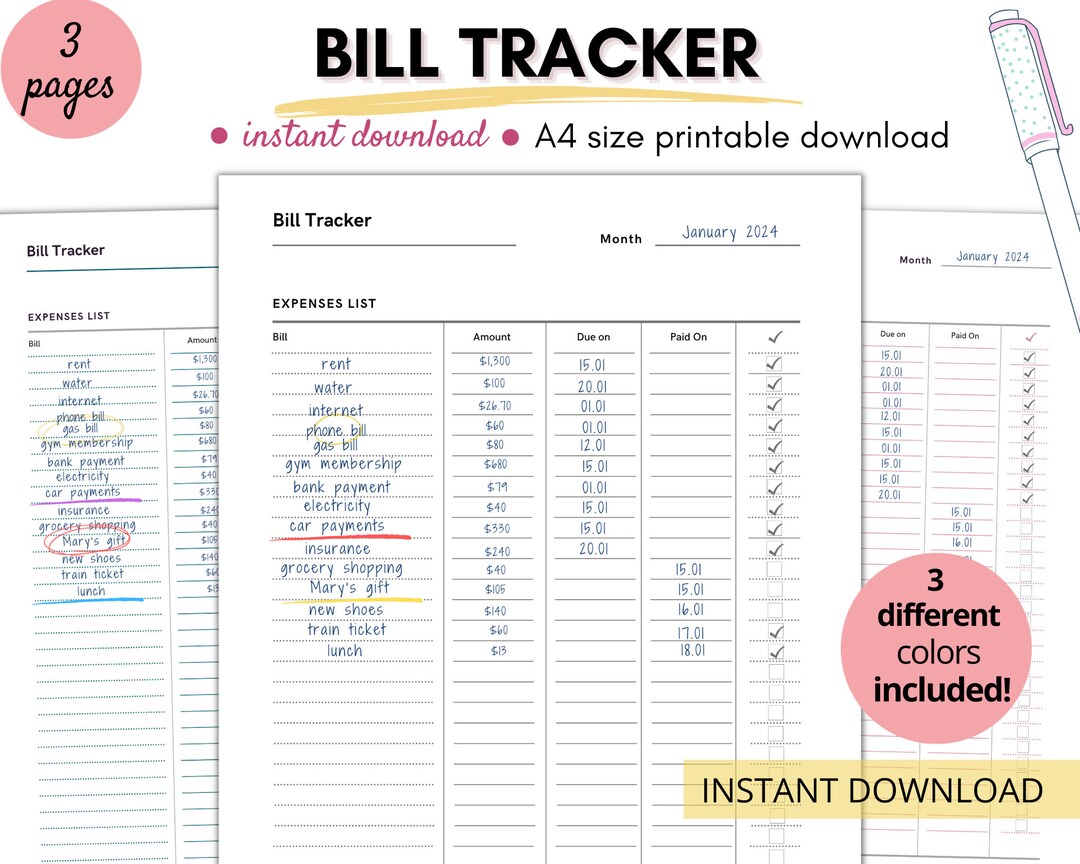 Bill Tracker, Bill Tracker Printable, Monthly Expense Tracker, Monthly ...