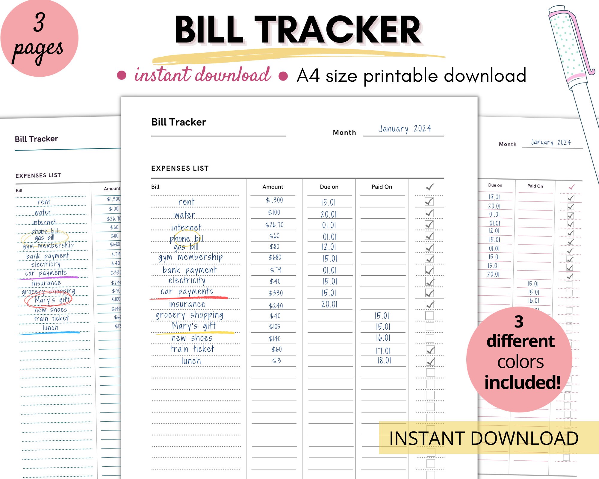 Bill Tracker, Bill Tracker Printable, Monthly Expense Tracker, Monthly ...