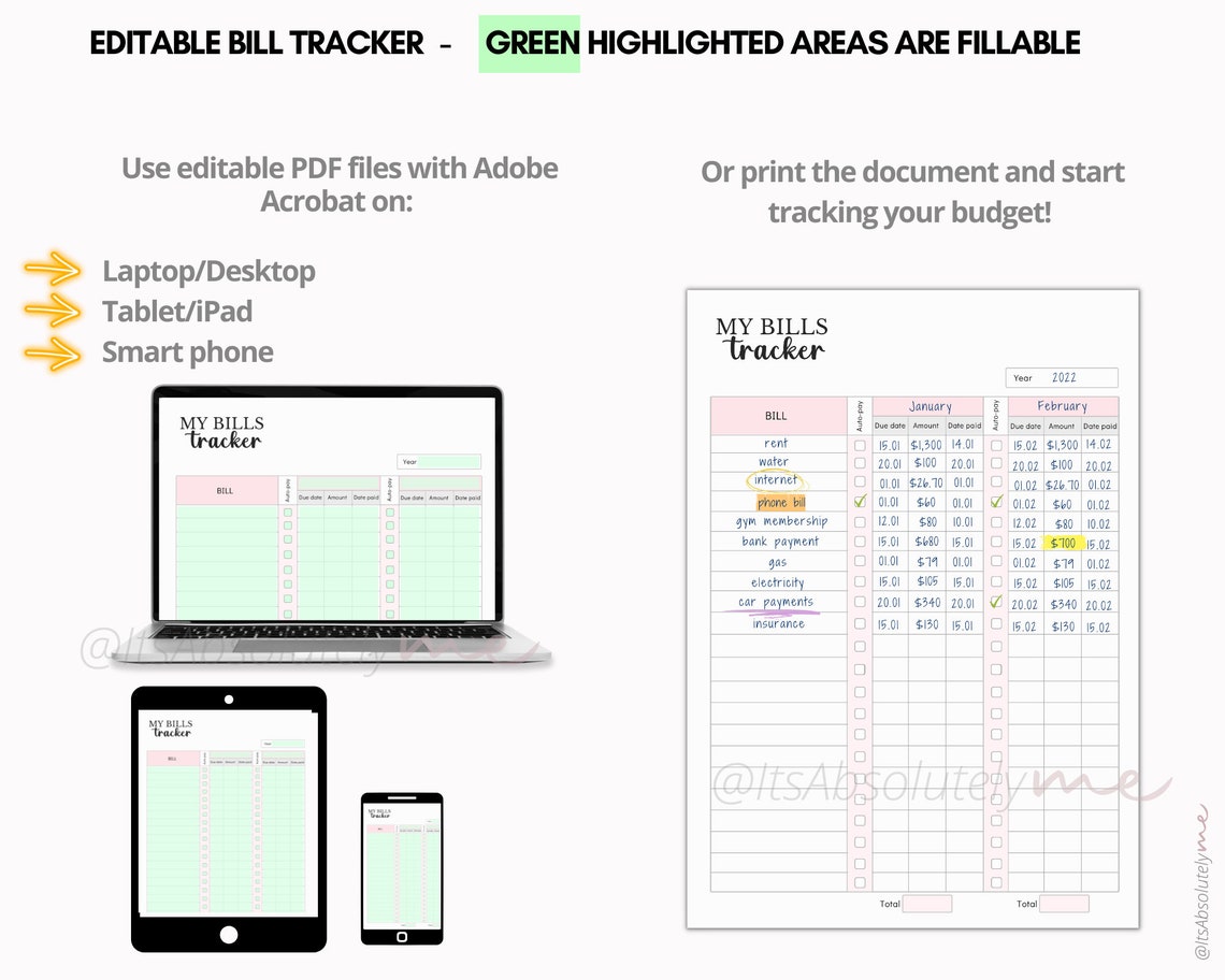 Editable Bill Tracker Bill Tracker Printable Monthly Bill - Etsy