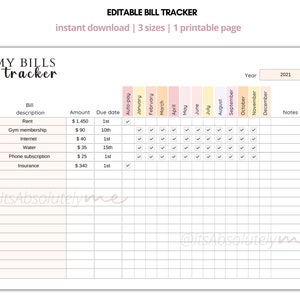 Bill Tracker Editable, Bill Tracker Printable, Monthly Bill Tracker ...