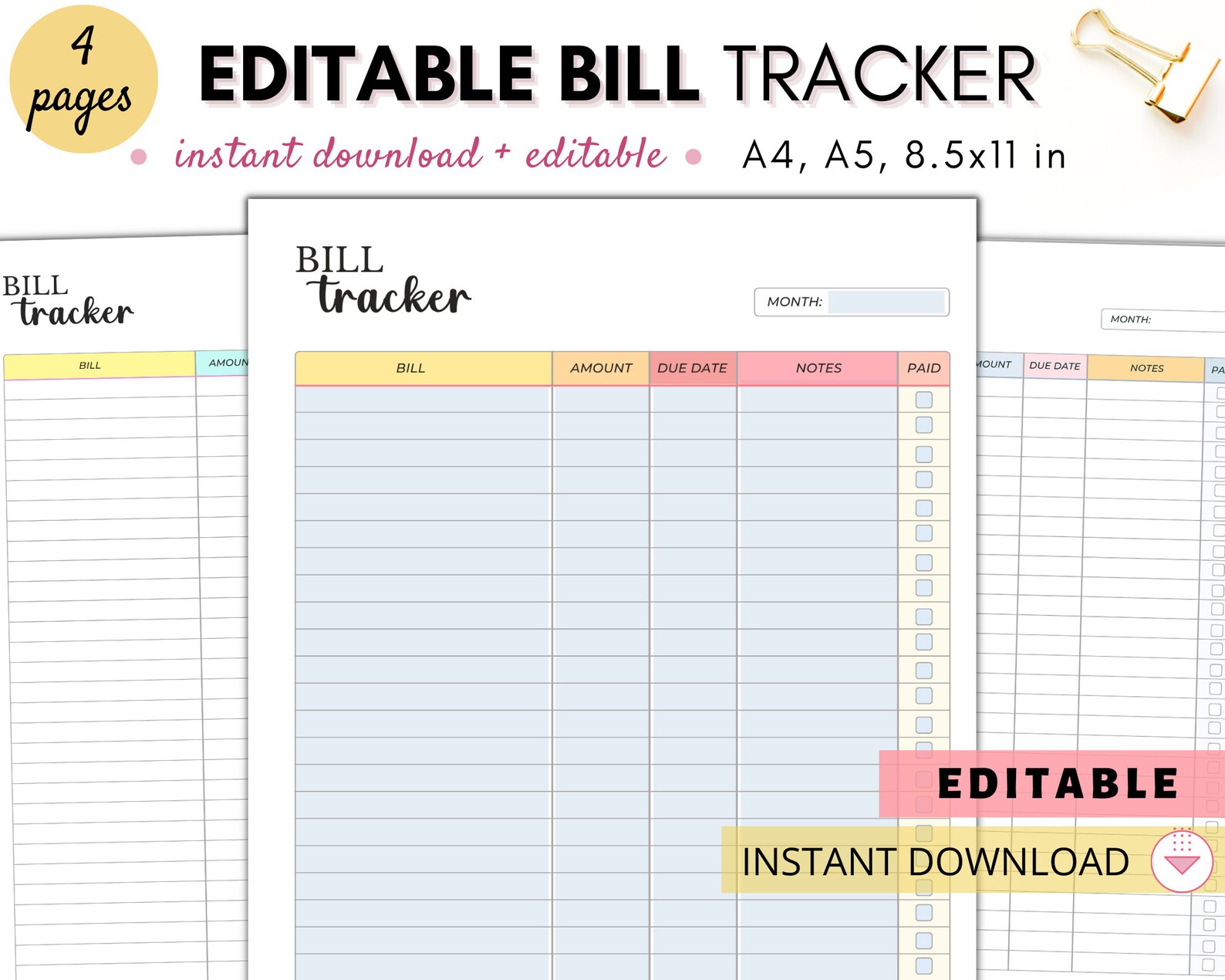 Editable Bill Tracker, Monthly Bill Tracker, Bill Organizer With ...