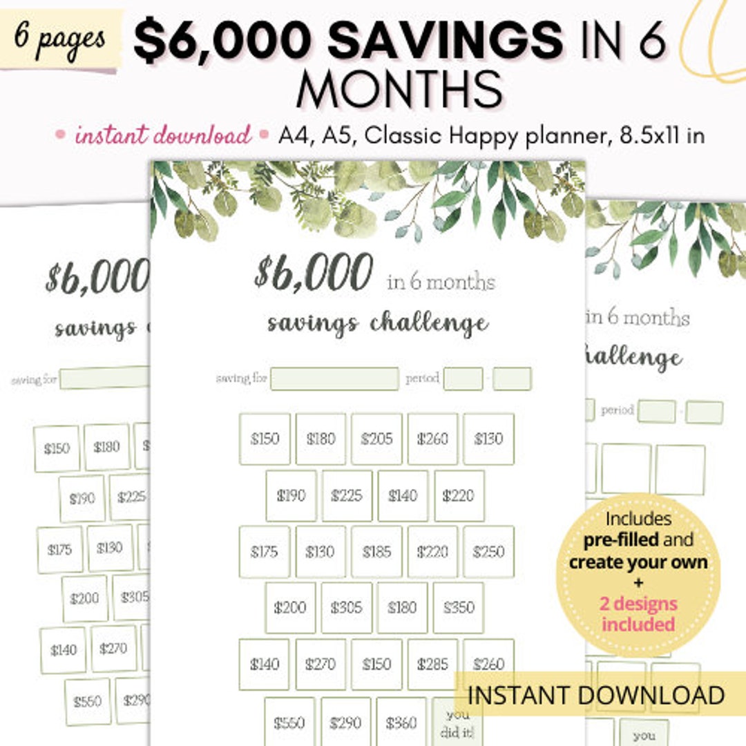 6,000 Savings Challenge in 26 Weeks, Savings Tracker, 6,000 Monthly ...