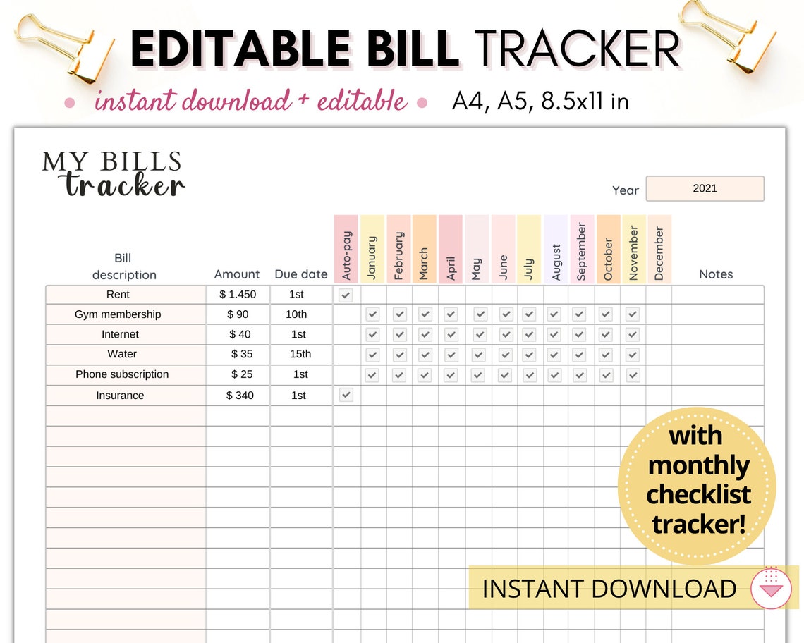Bill Tracker Editable Bill Tracker Printable Monthly Bill - Etsy