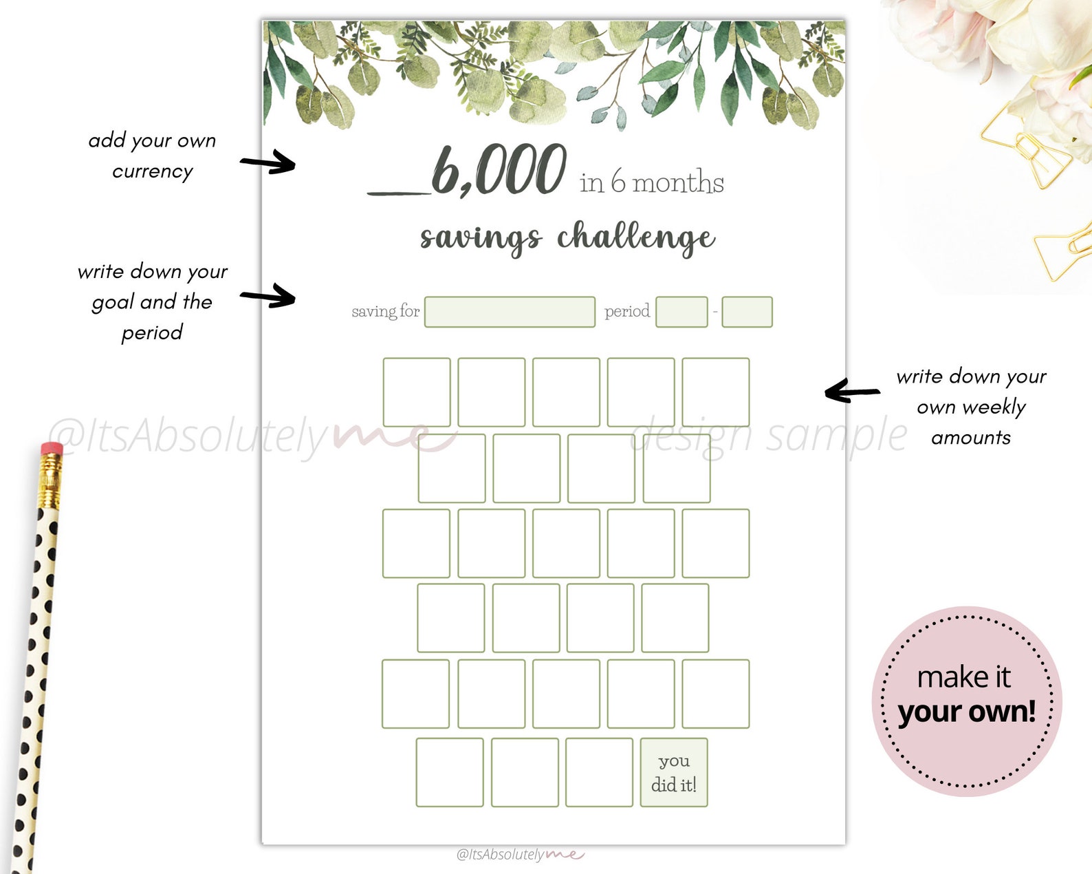 6,000 Savings Challenge in 26 Weeks, Savings Tracker, 6,000 Monthly ...