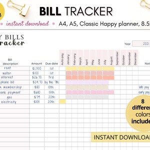Bill Tracker, Bill Organizer, Monthly Bill Tracker, Bill Checklist ...
