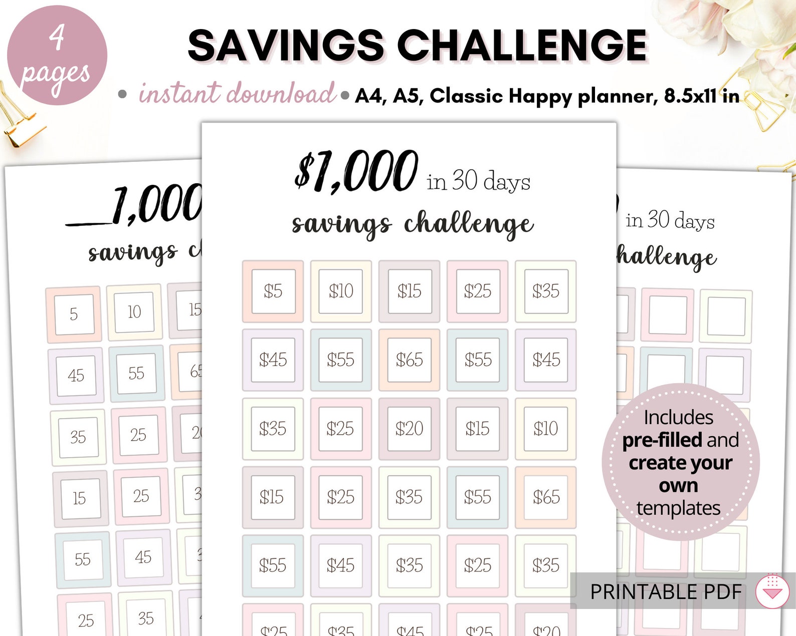 1,000 Savings Challenge, Savings Tracker, 1,000 Monthly Savings ...