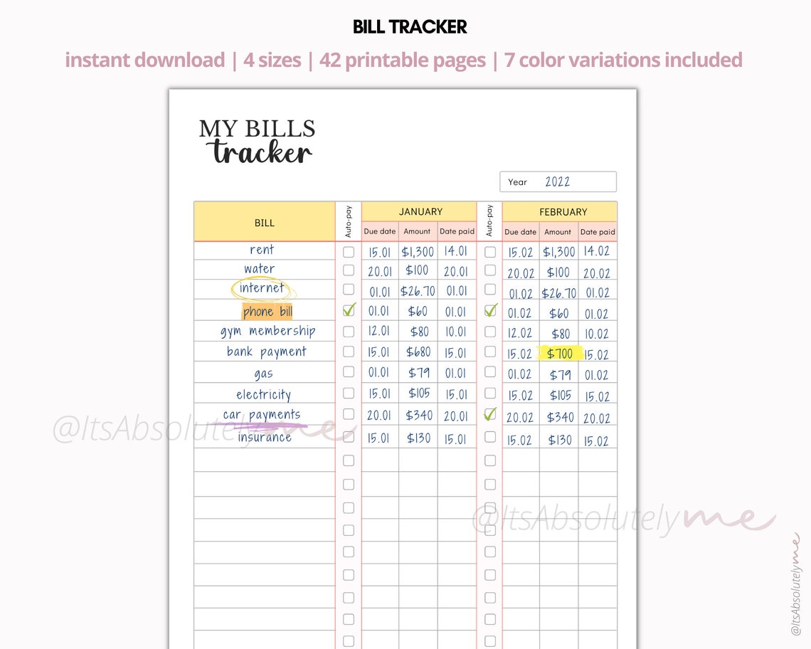 Bill Tracker Printable Monthly Bill Tracker Bill Tracker - Etsy